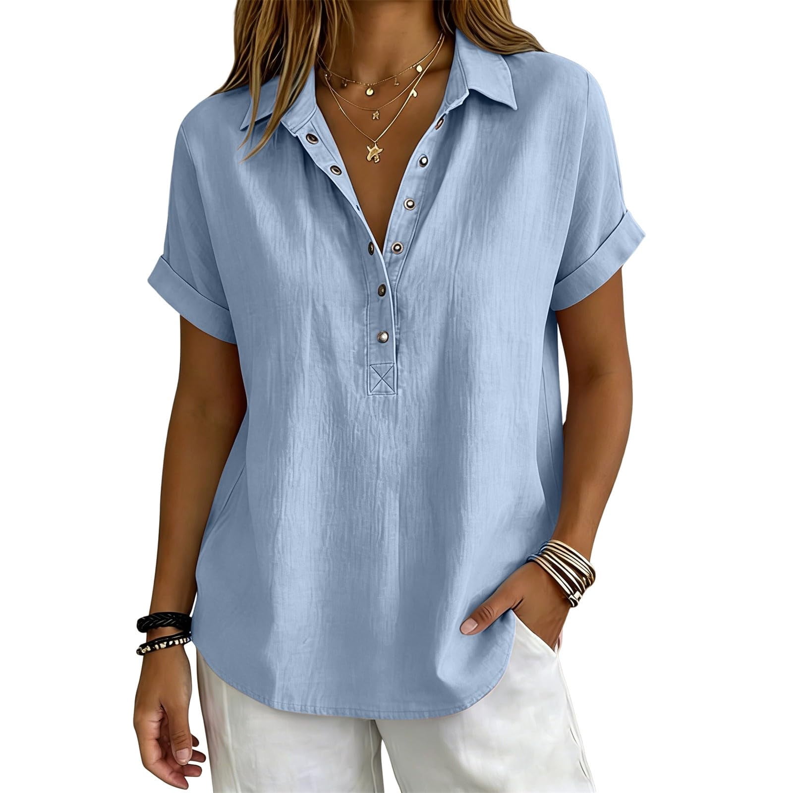 Cotton Linen Tops for Women 2026 Summer V Neck Half Sleeve Henley Shirt ...