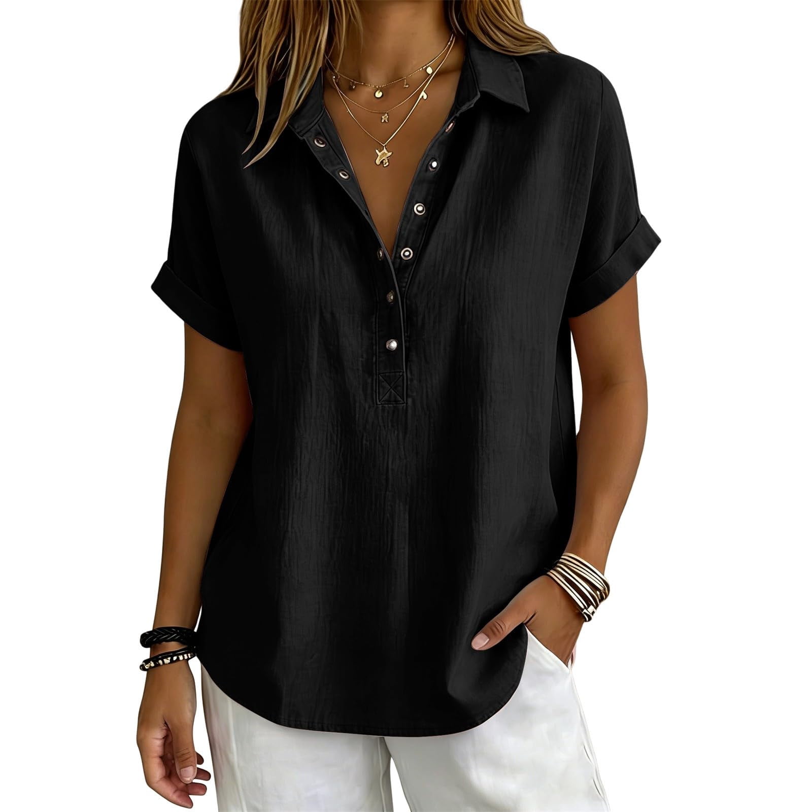 Cotton Linen Tops for Women 2026 Summer V Neck Half Sleeve Henley Shirt ...