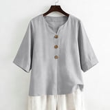Cotton Linen Tops for Women 3/4 Sleeve Gauze Shirts Button V Neck ...
