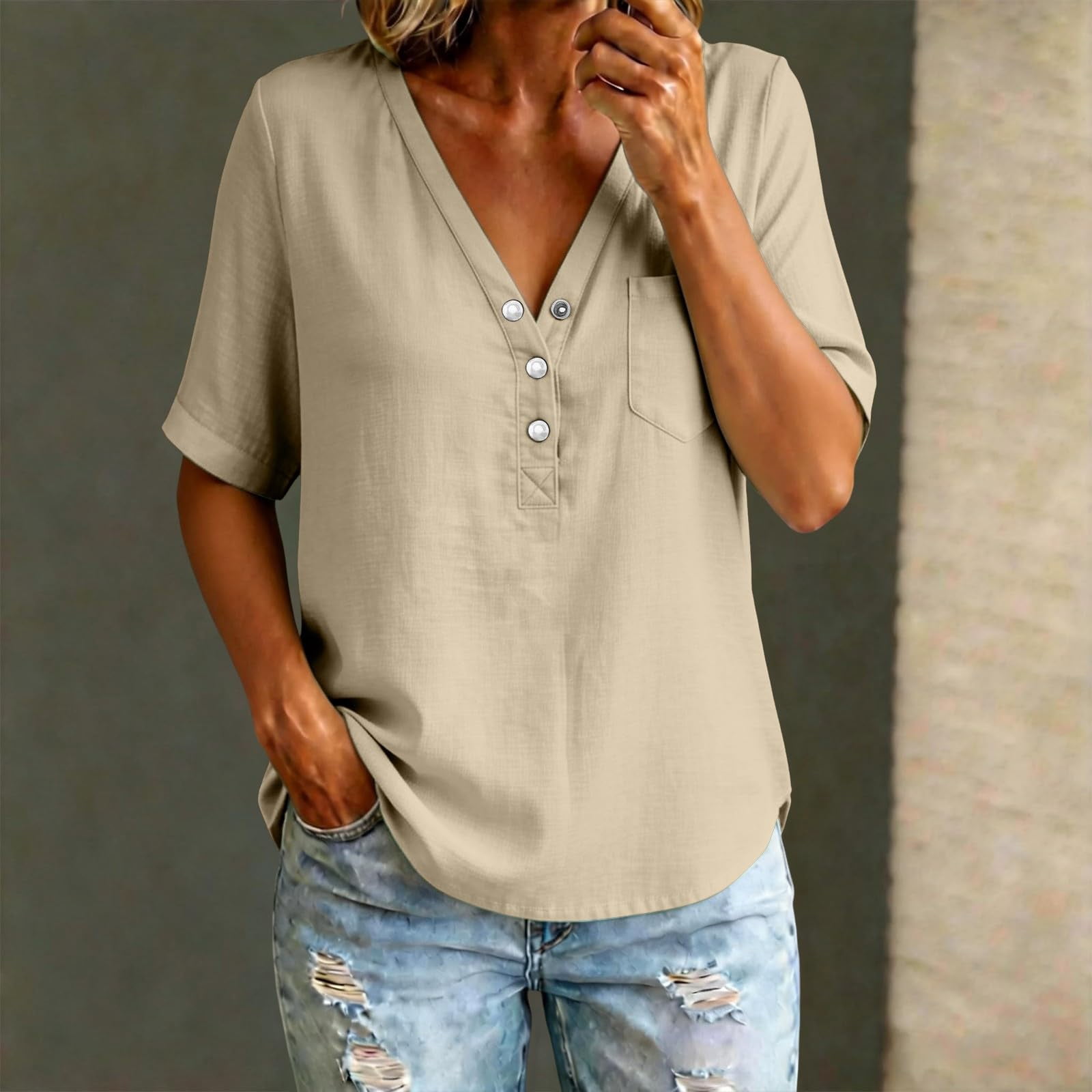 Cotton Linen Tops for Women Casual Half Sleeve Crew V Neck Blouse Loose ...