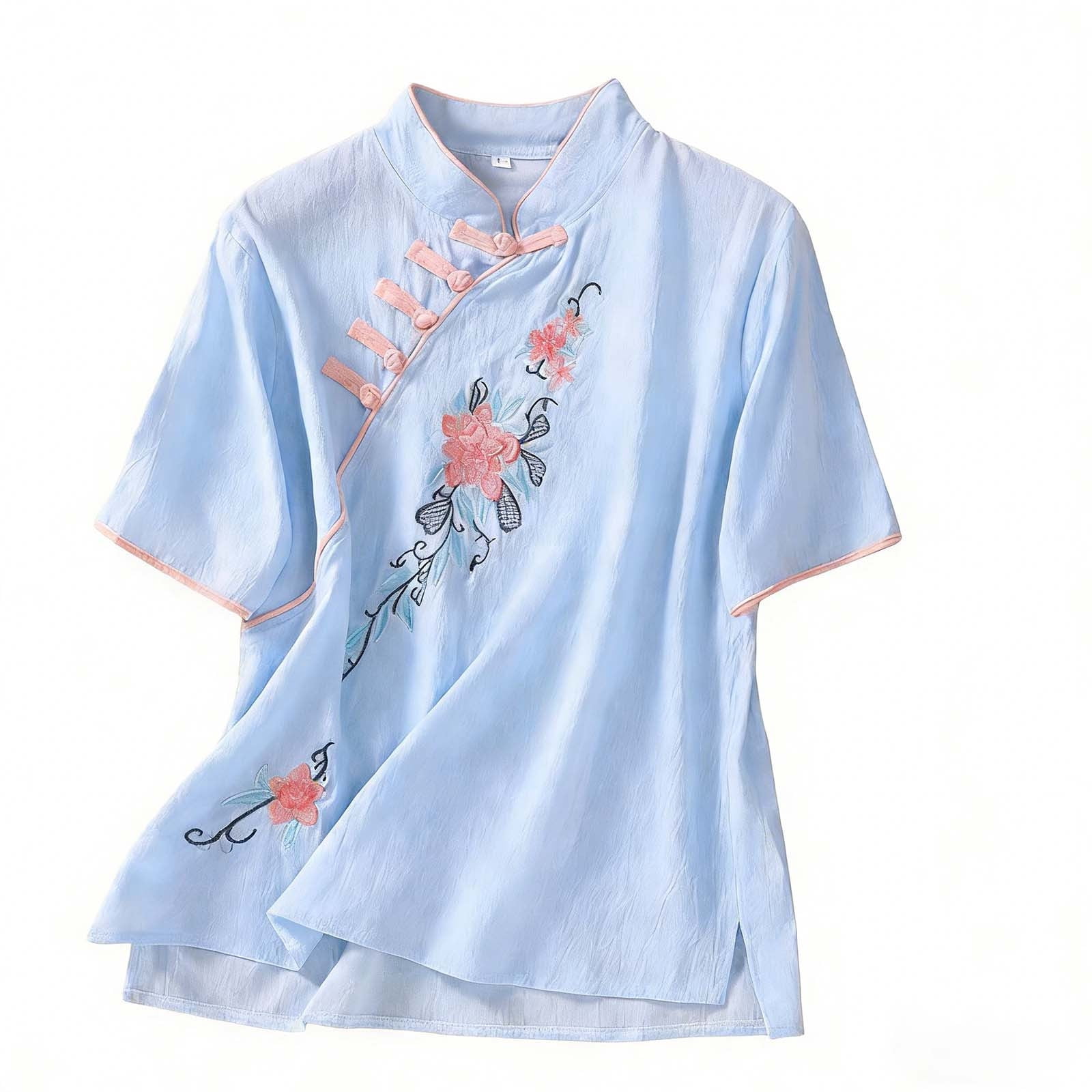 Cotton Linen Tops for Women Retro Chinese Frog Button Floral Blouses ...