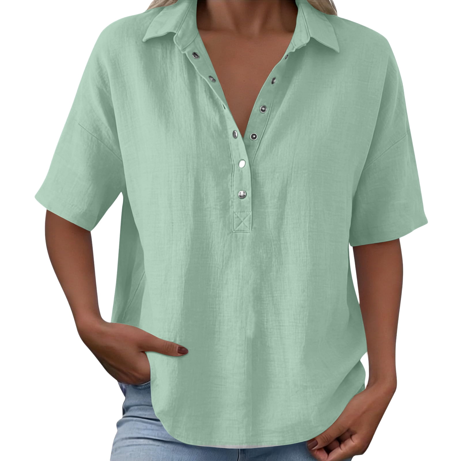Cotton Linen Tops for Women Summer Casual Plus Size Short Sleeve Gauze ...
