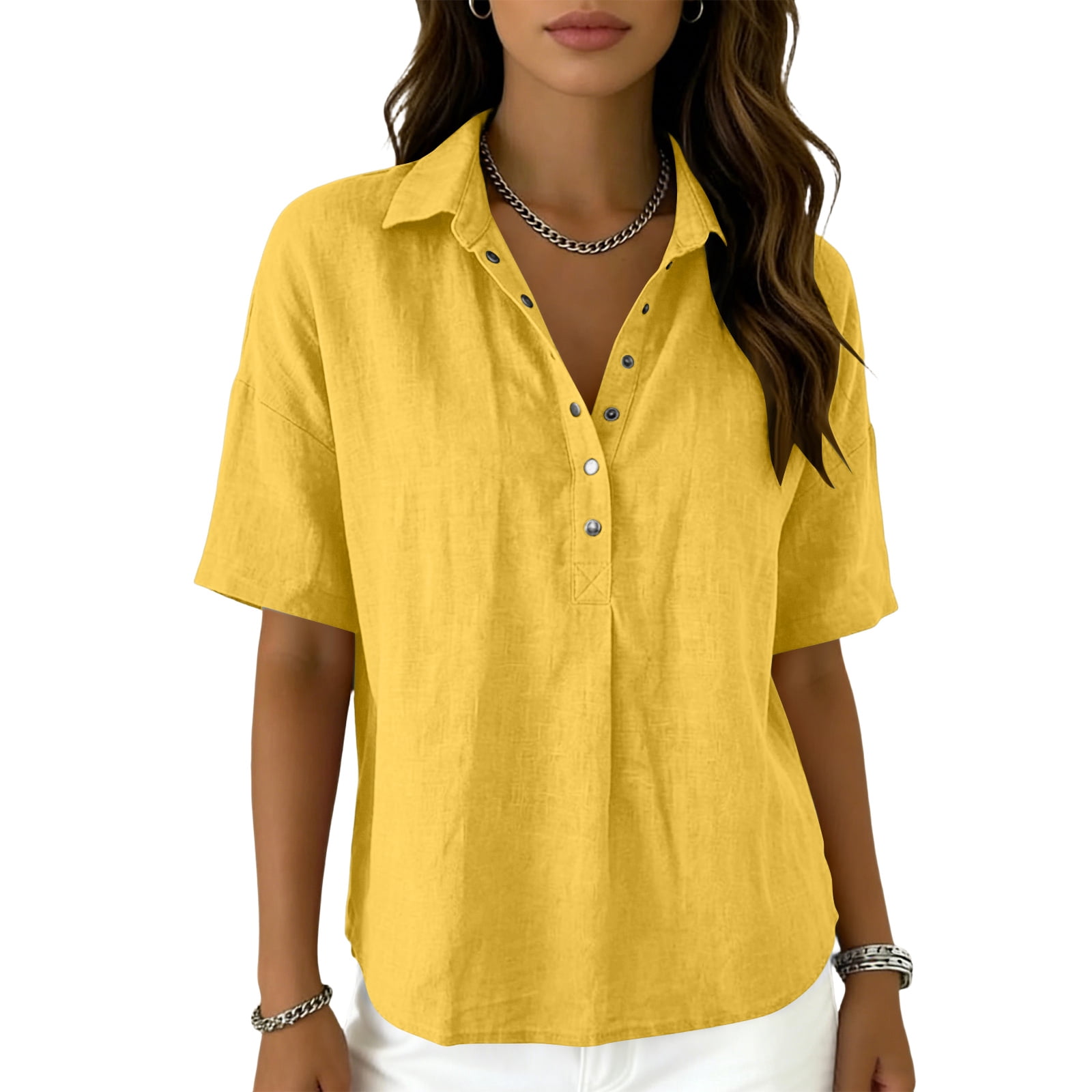 Cotton Linen Tops for Women Summer Casual Plus Size Short Sleeve Gauze ...
