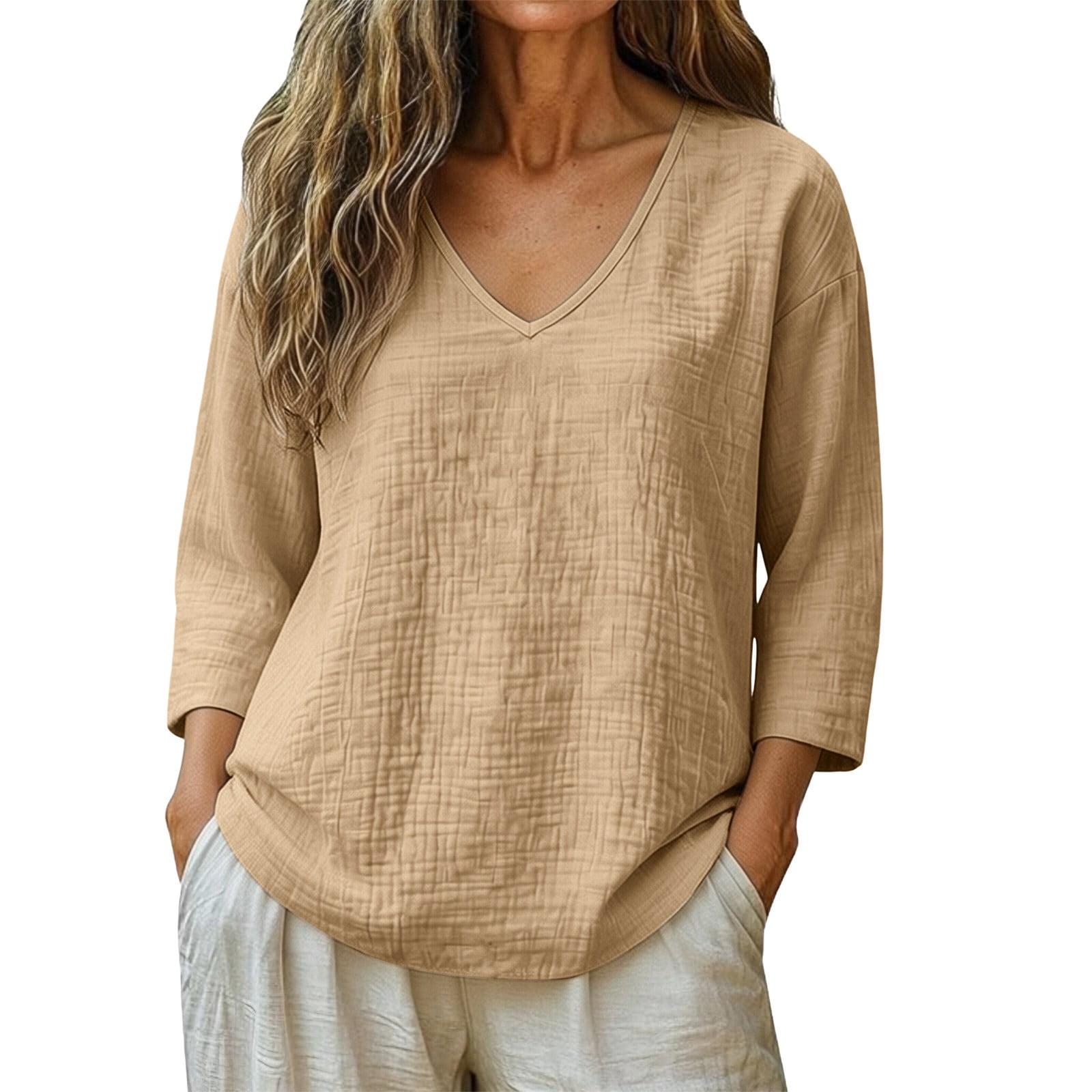 Cotton Linen Tops for Women, Yigetop Women's Casual V Neck 3/4 Sleeve ...