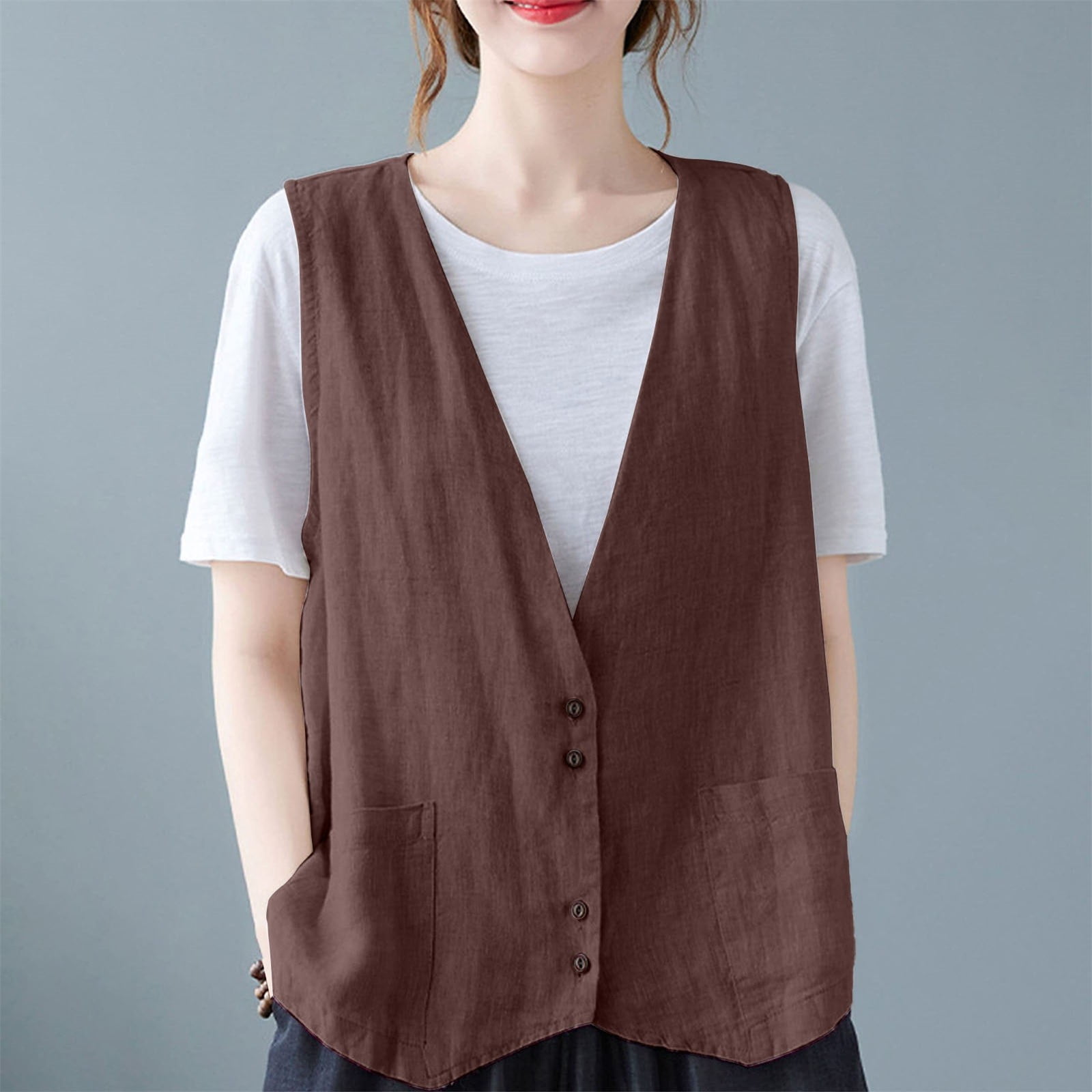 Cotton Linen Vest Casual Loose V Neck Sleeveless Vests With Pockets, Polyester Spandex, Brown L ...