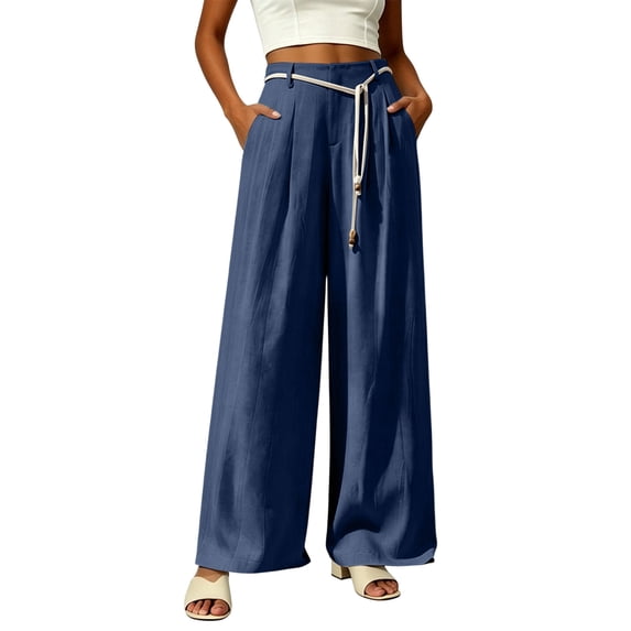 Cotton Linen Wide Leg Pants For Women High Waist Drawstring Palazzo ...