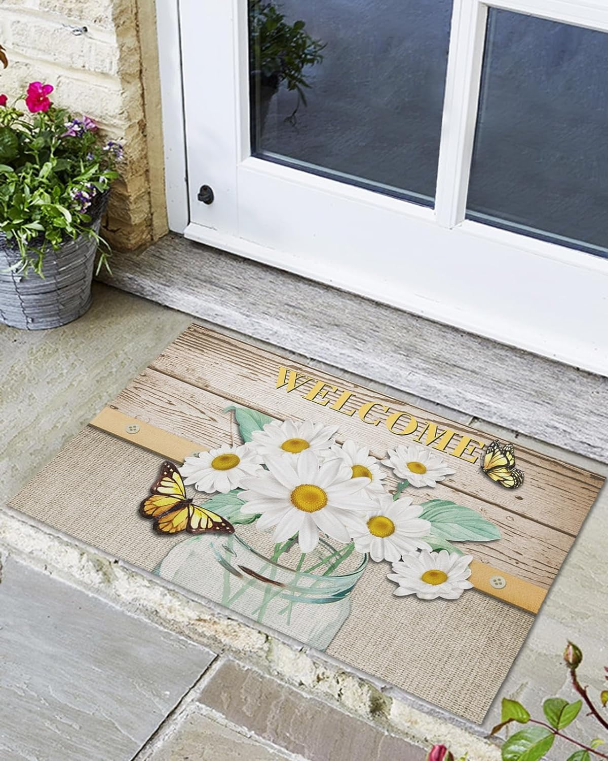 Cotton and Linen Wood Grain Daisy Butterfly Welcome Doormat for Home ...