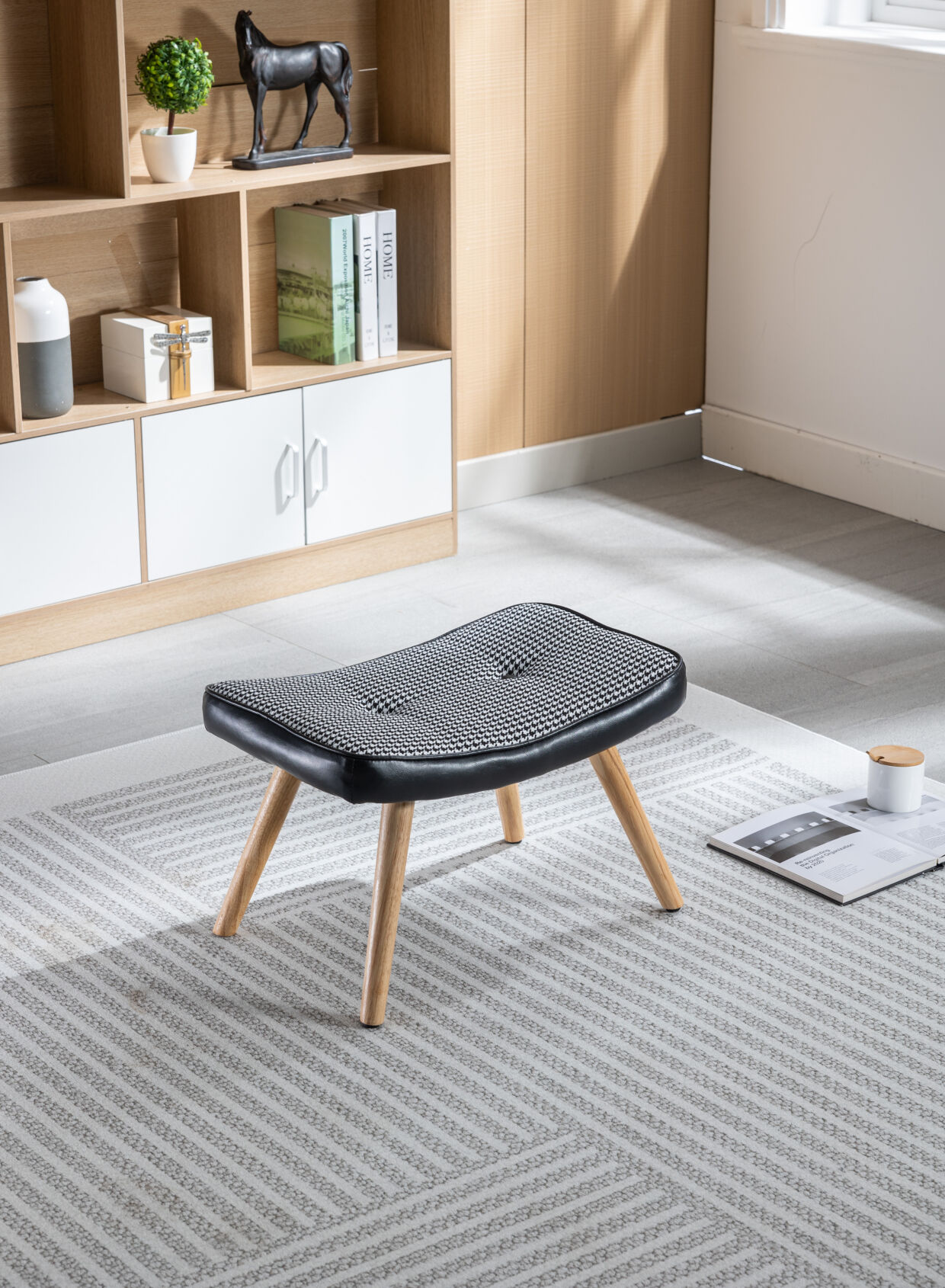 Cotton Linen Wooden Foot Stool, Small Footstool with Wooden Legs ...