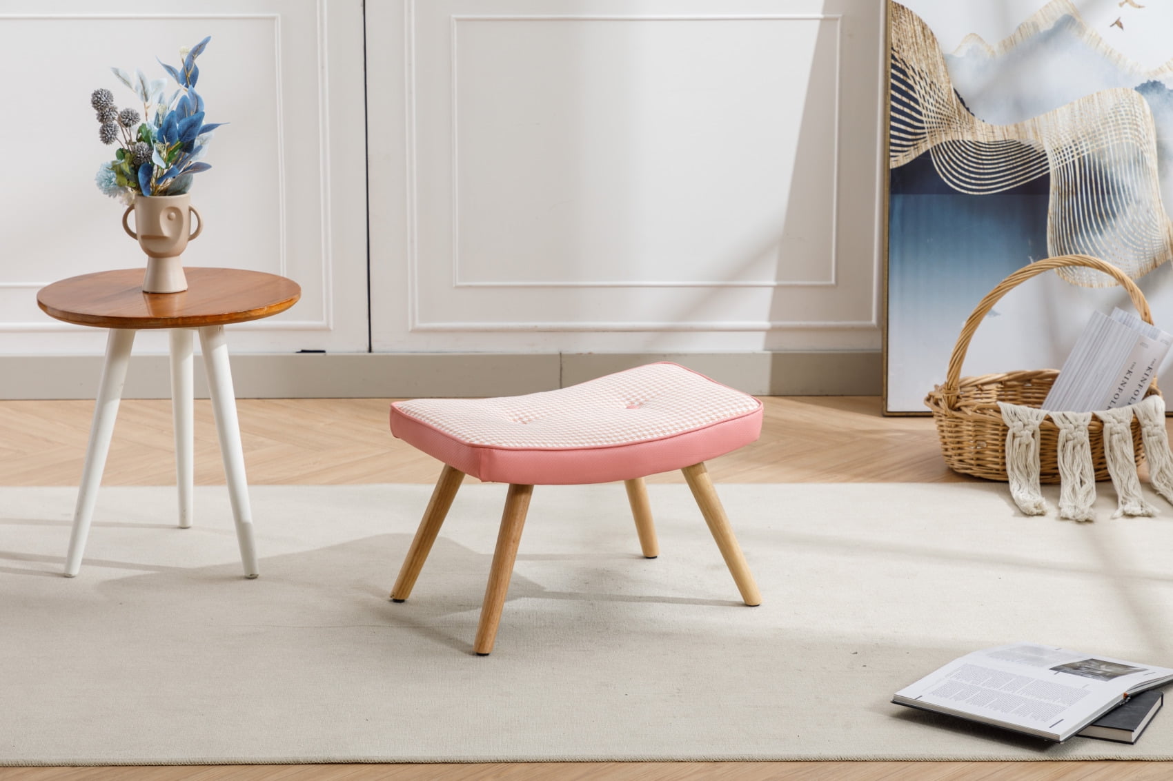 Cotton Linen Wooden Foot Stool, Small Footstool with Wooden Legs ...