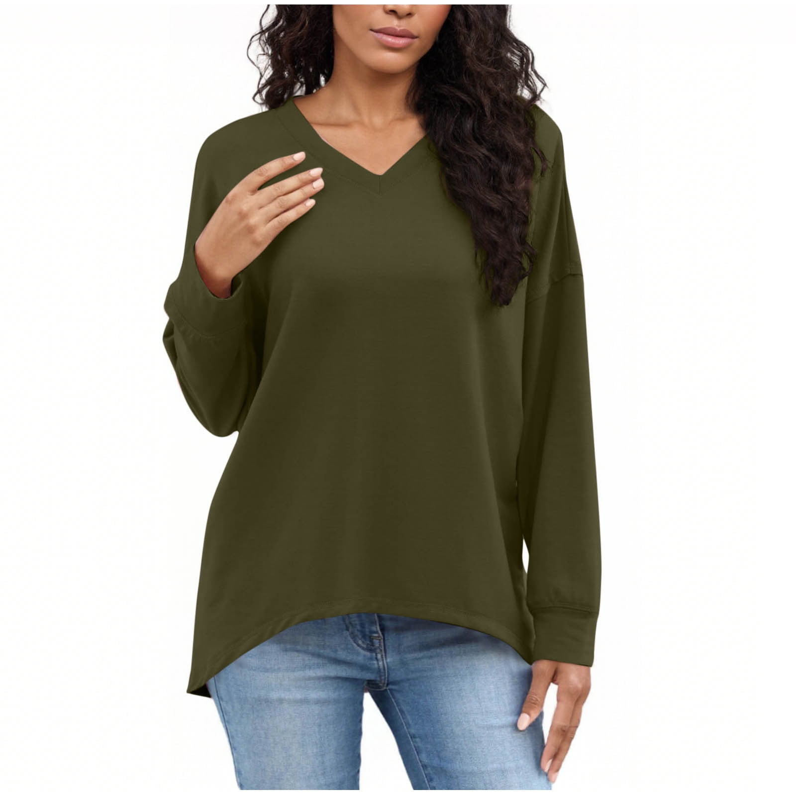 Cotton Long Sleeve Tops Womens V Neck Loose Casual High Low Hem T-shirts Drop Shoulder Solid Tee ...