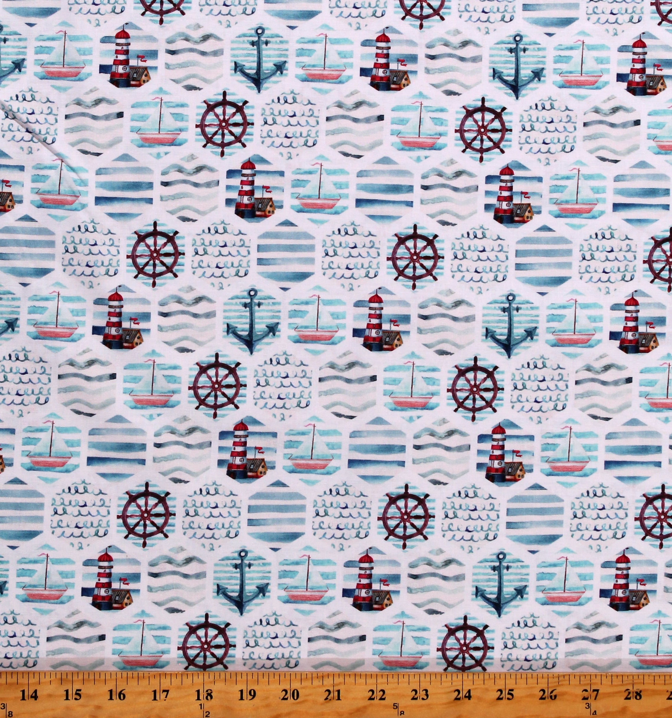 Cotton Maritime Nautical Patchwork Aqua Beach Ocean Anchor Water Boats ...