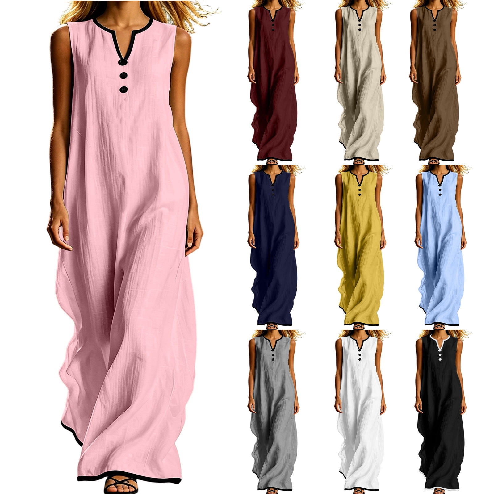Cotton Maxi Dresses for Women Sleeveless V Neck Buttons Casual Tank ...
