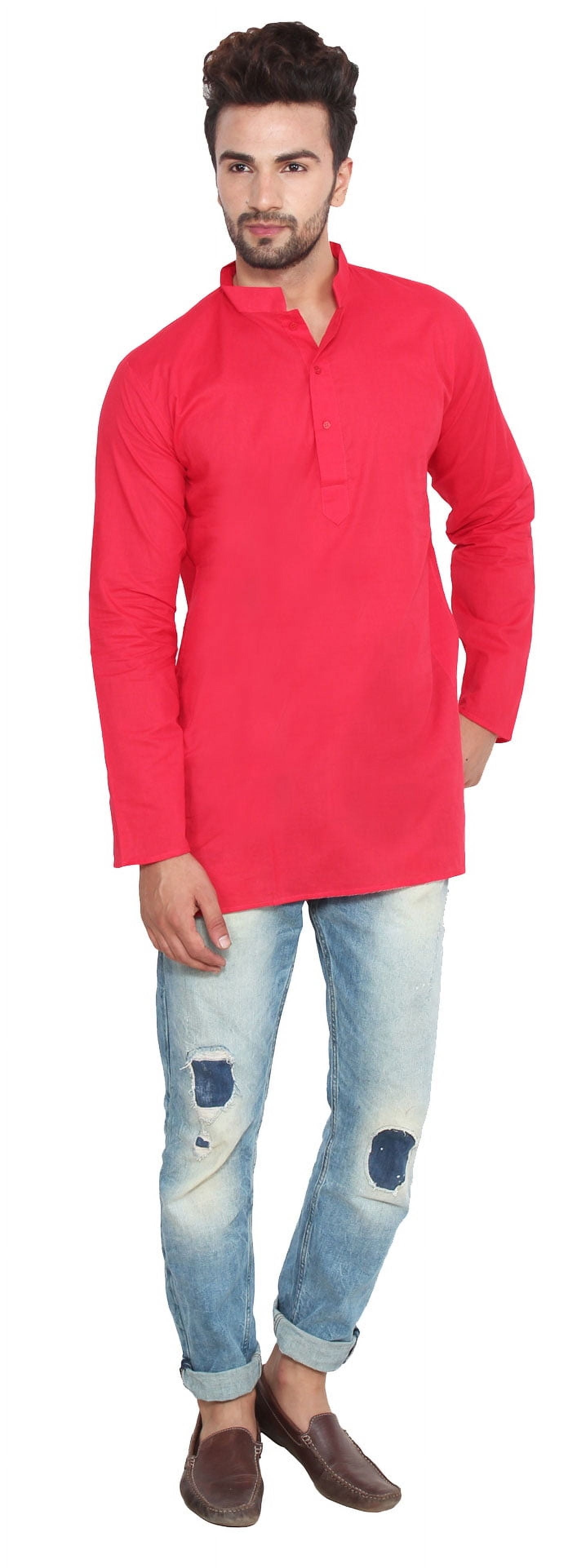 Cotton Men's Short Kurta Shirt India Clothes (Red, XXXL) - Walmart.com