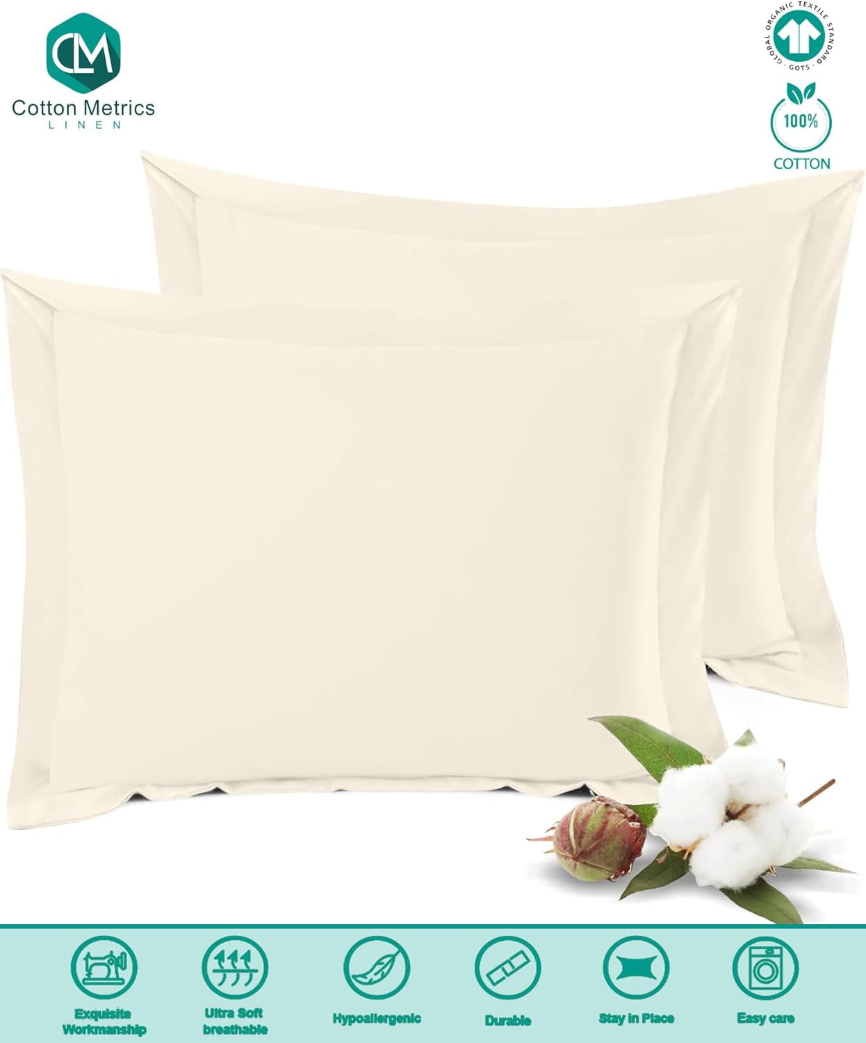 Cotton Metrics Heavy Quality European Square Pillow Shams Set of 2 Ivory 600TC 100% Organic ...