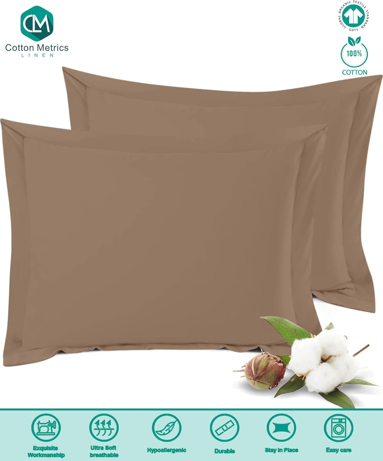 Cotton Metrics Heavy Quality European Square Pillow Shams Set of 2 Taupe 600TC 100% Organic ...