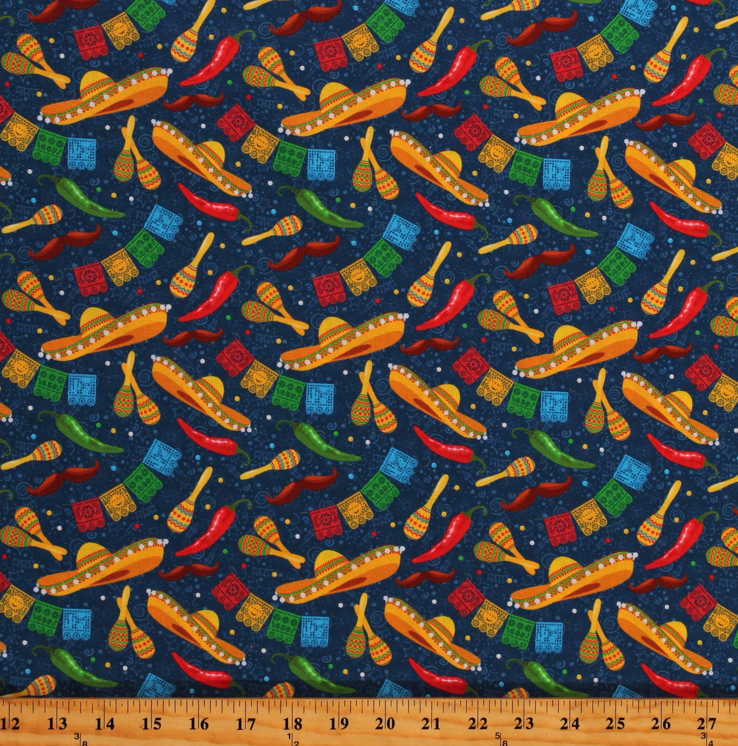Cotton Mexican Fiesta Sombreros Maracas Papeles Blue Cotton Fabric ...