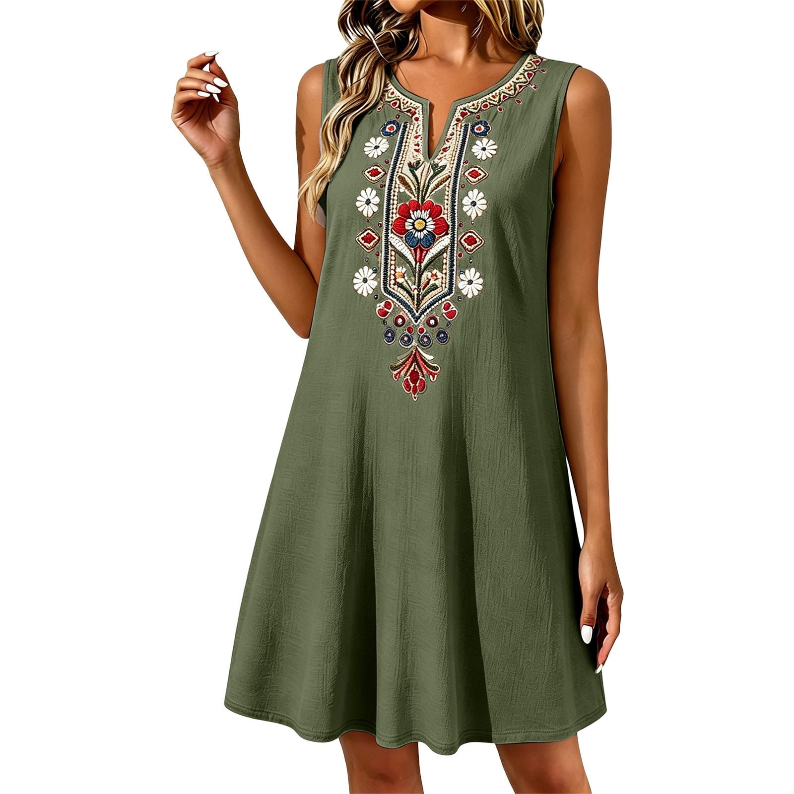 Cotton Midi Dress for Women Sleeveless V Neck Linen Gauze Sundresses ...