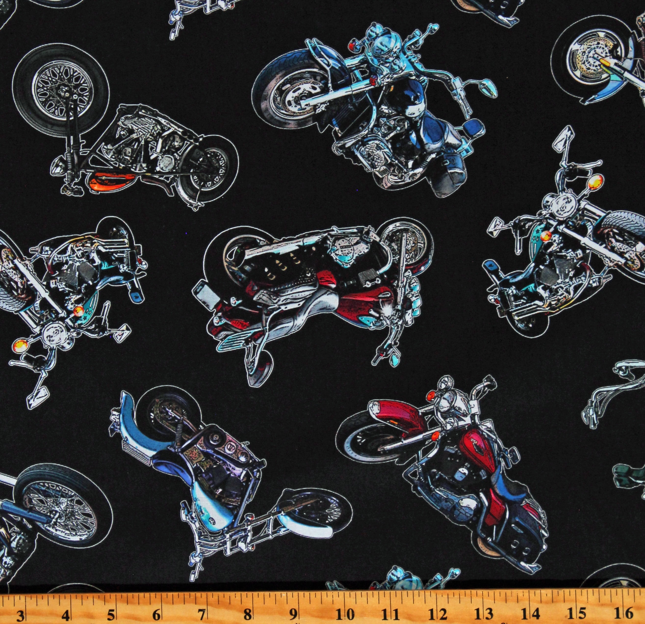 Cotton Motorcycles Motorbikes Tossed On the Road Black Cotton Fabric ...