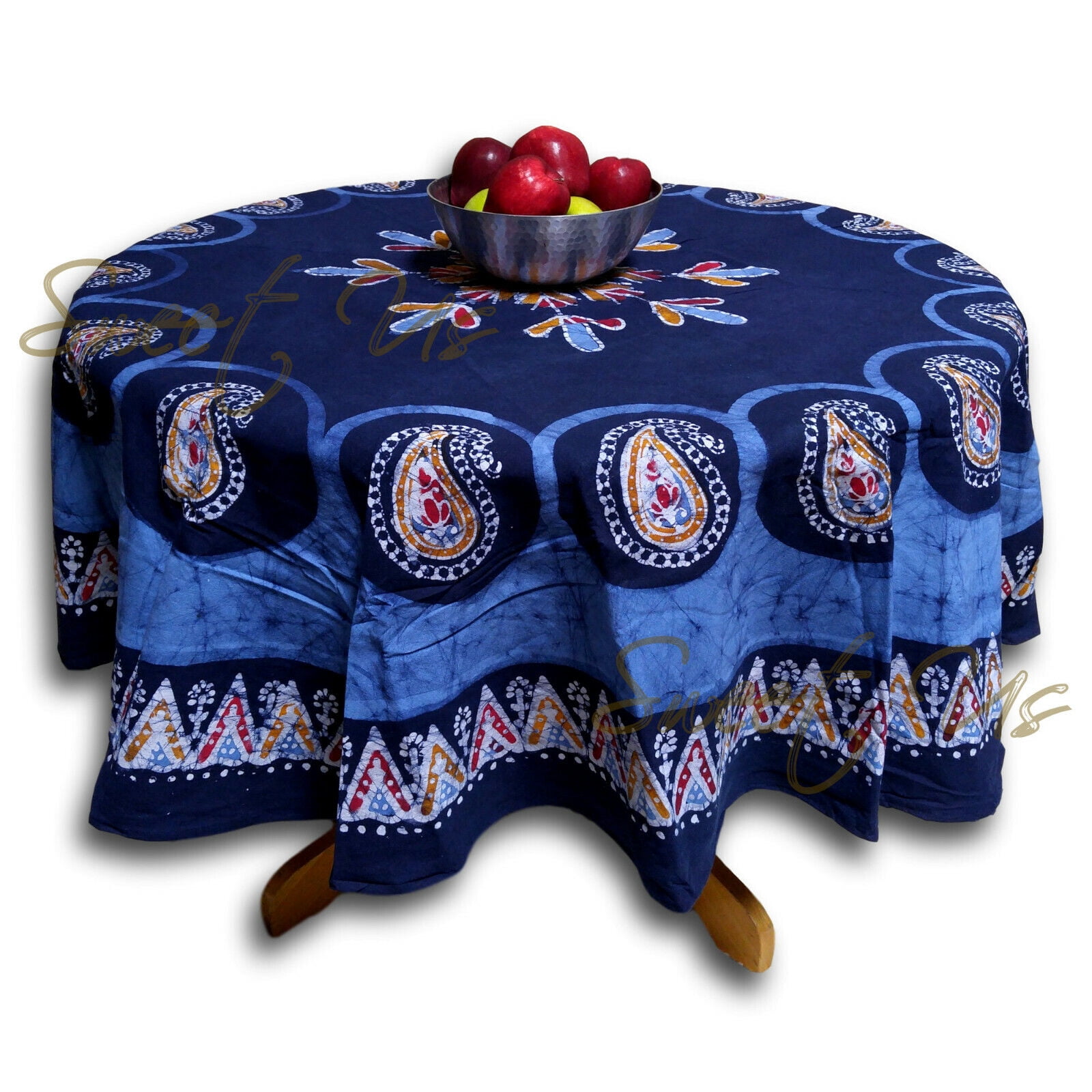 Cotton Multi Batik Paisley Floral Tablecloth Round 72 in Linen Blue Red ...