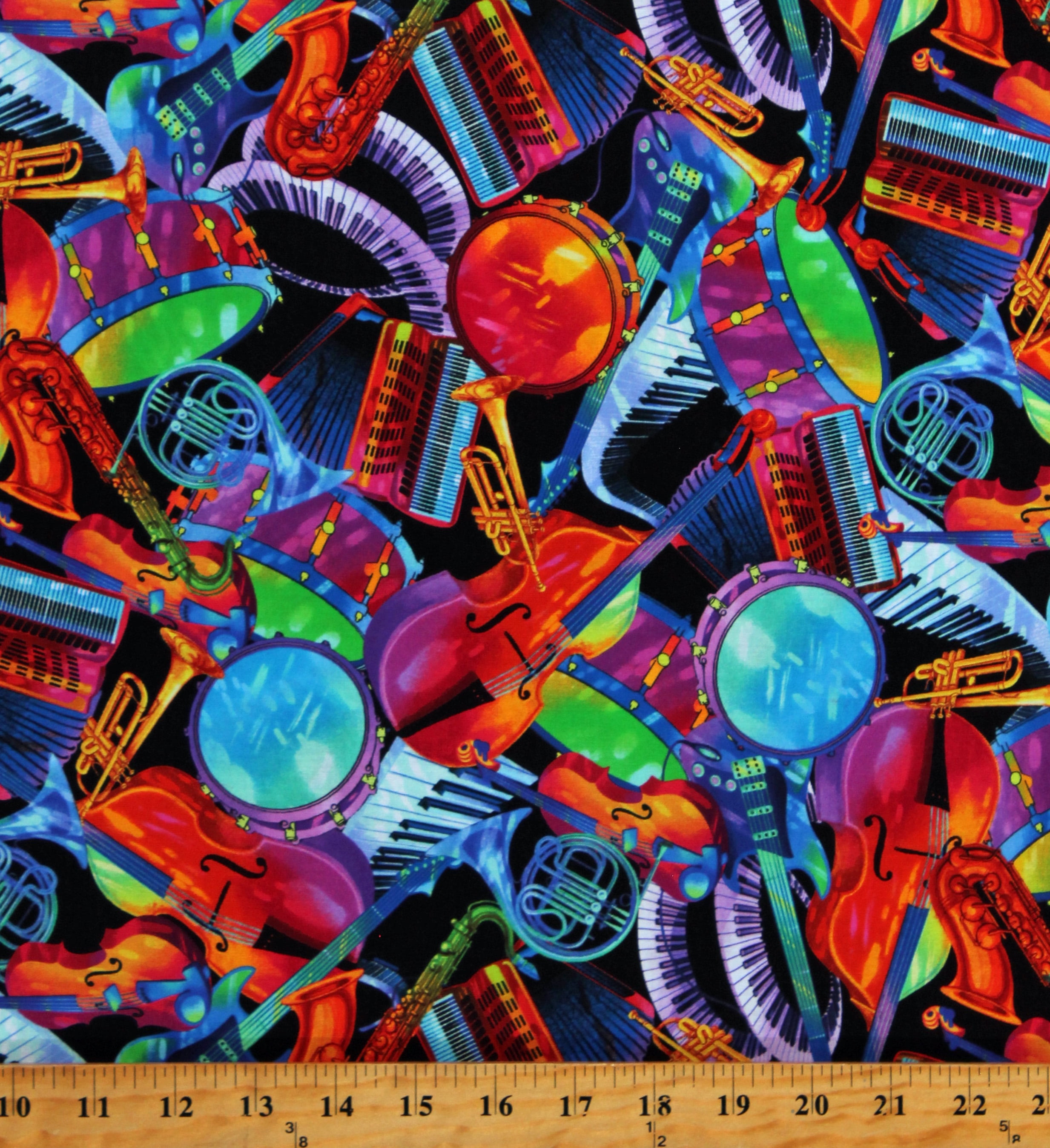 Cotton Musical Instruments Bright Multi-Color on Black Jazz Fusion ...