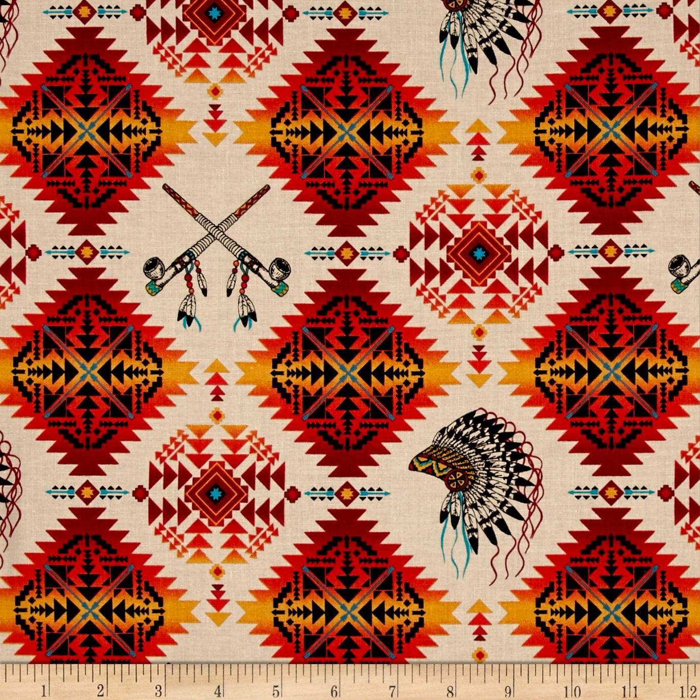 Cotton Native Spirit Headdress & Pipes Terracotta, Quilting Fabric by ...