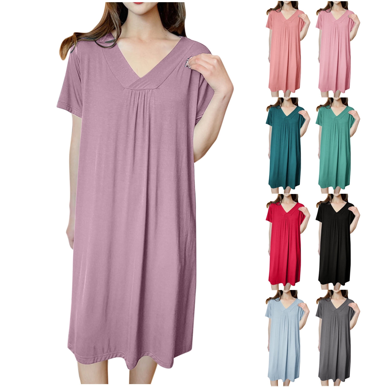 Cotton Nightgown Fashion Women Summer Solid Color V-Neck Short Sleeved ...