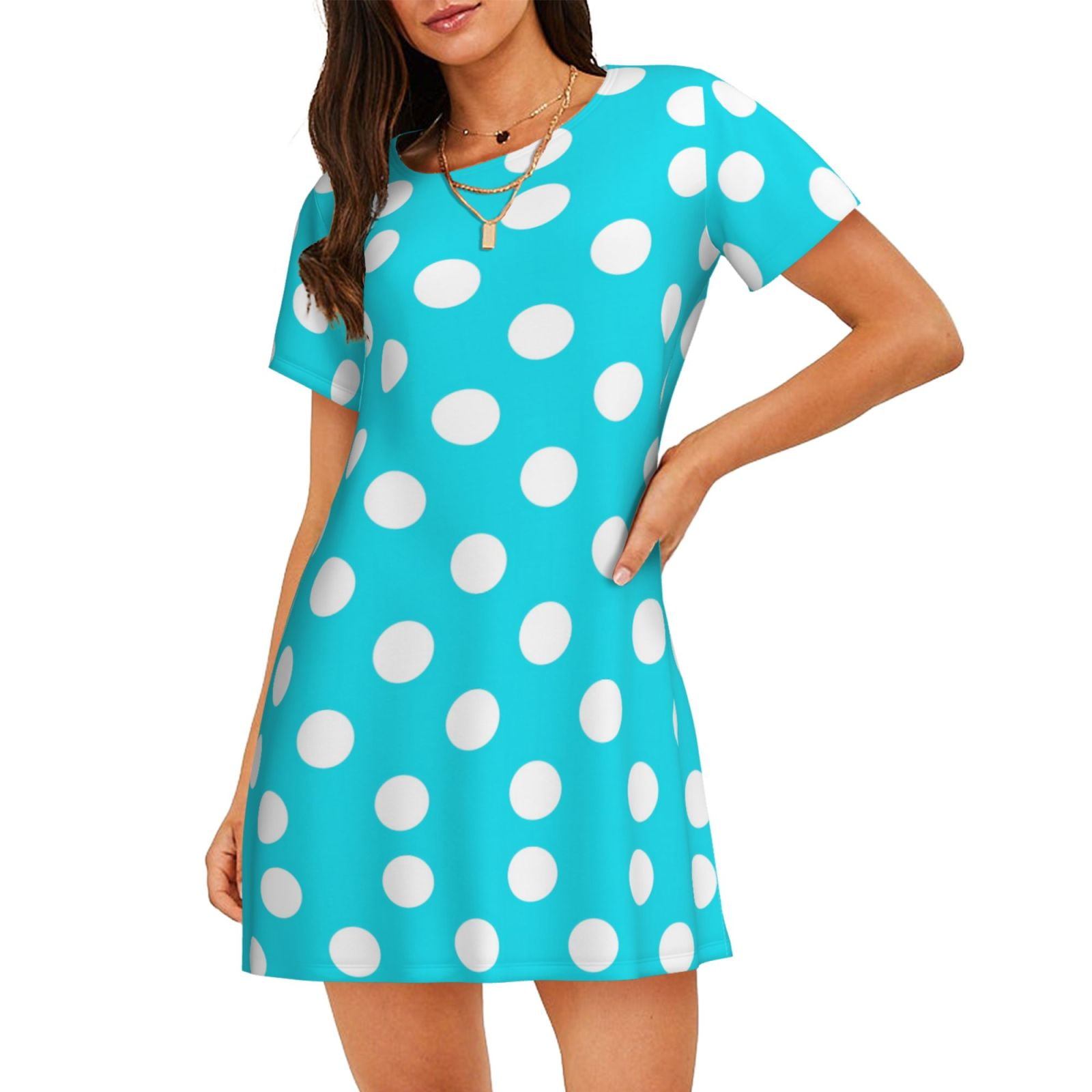 Cotton Nightgowns for Women - Aqua And White Polka Dot Sleep Shirts for ...