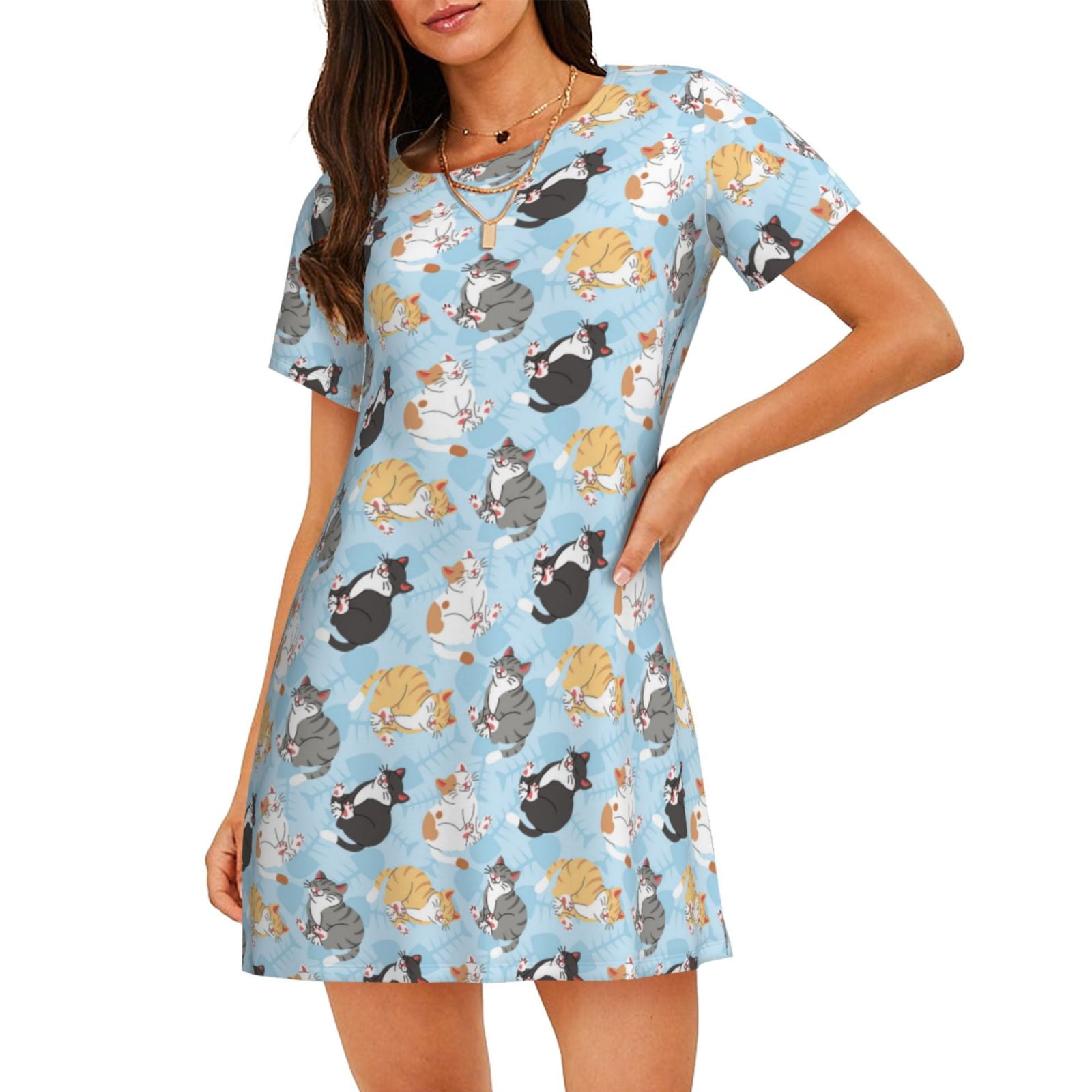 Cotton Nightgowns for Women - Art Cute Cartoon Cat Fishbone Sleep ...