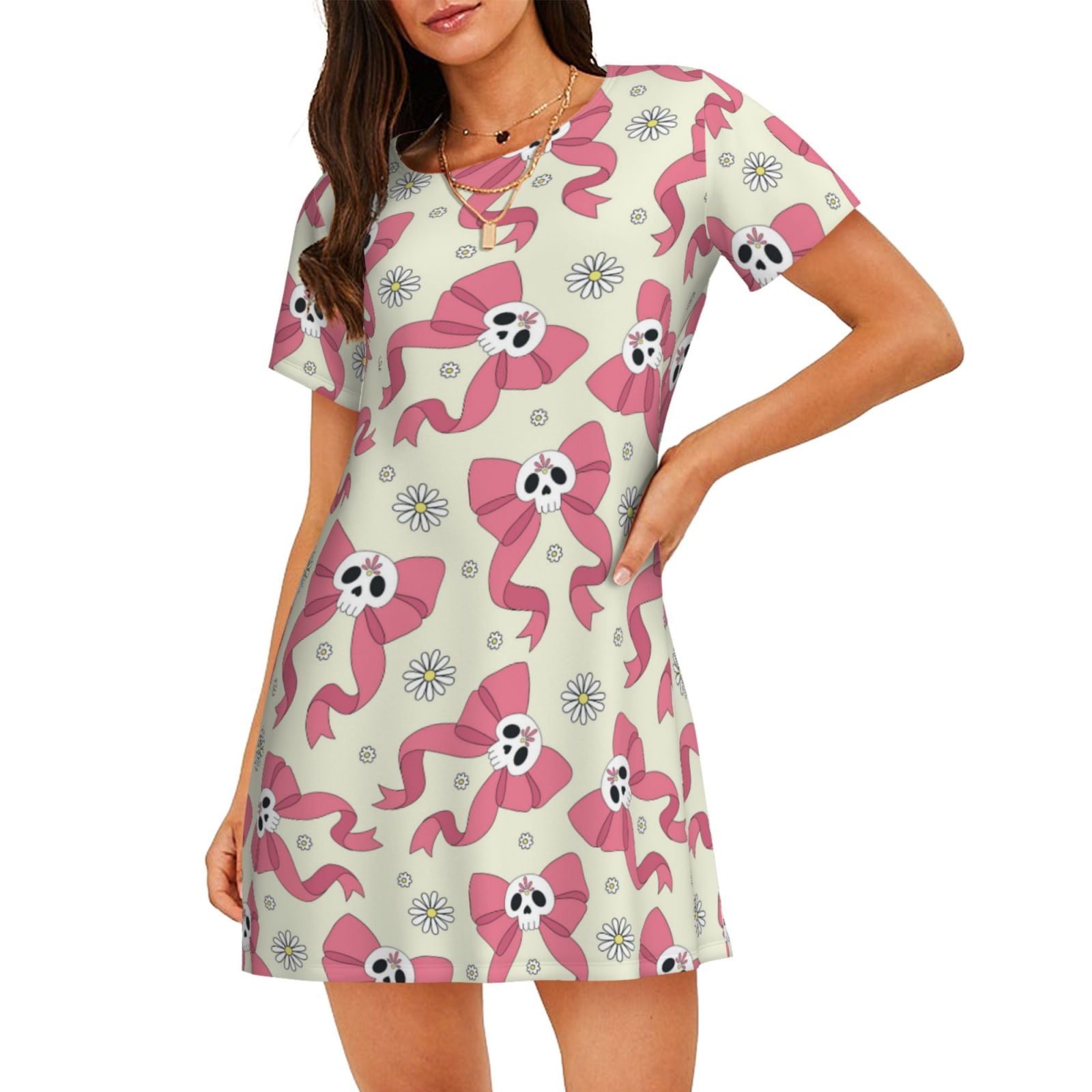 Cotton Nightgowns for Women - Bow With Sugar Skull Sleep Shirts for ...