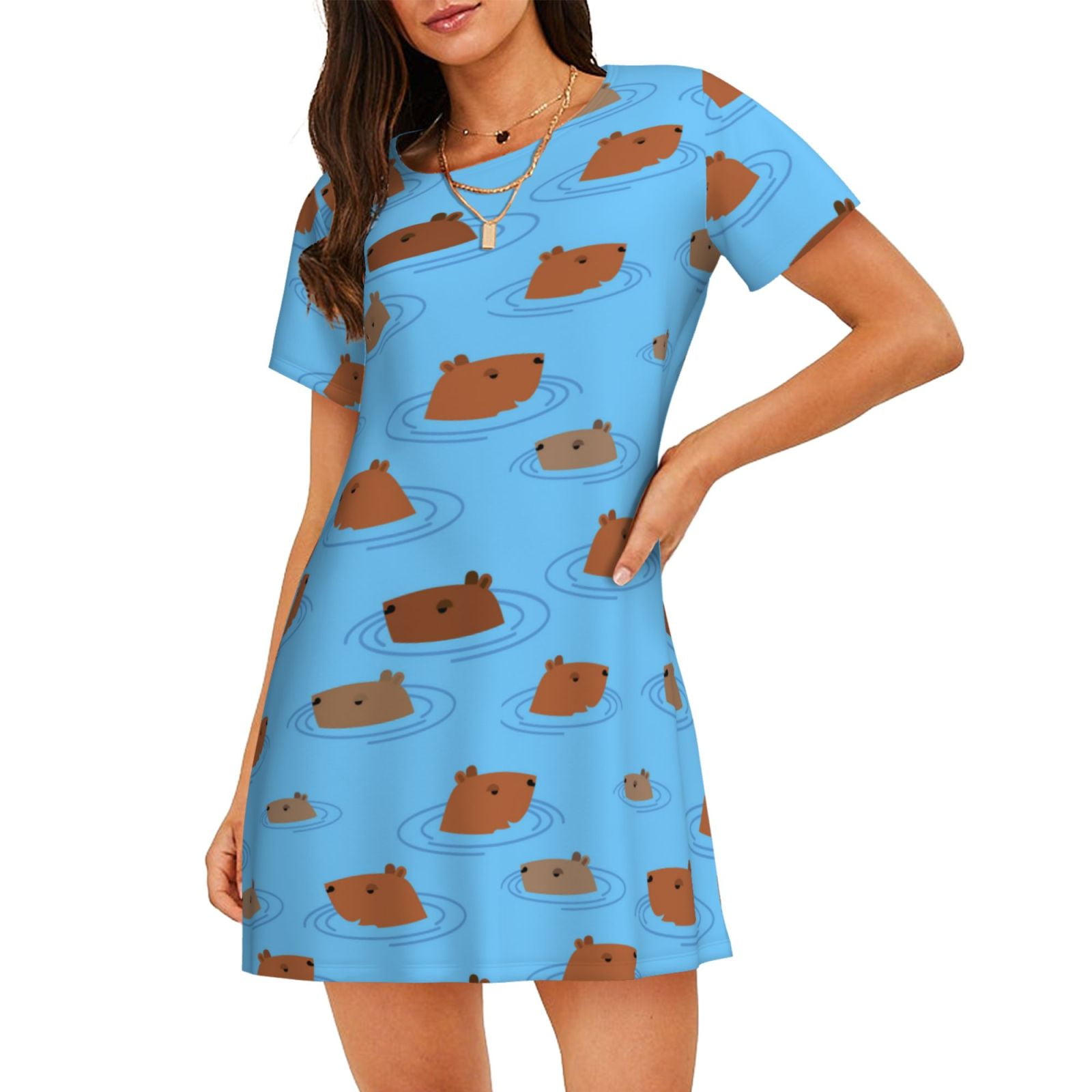 Cotton Nightgowns for Women - Capybaras Blue Sleep Shirts for Women's ...