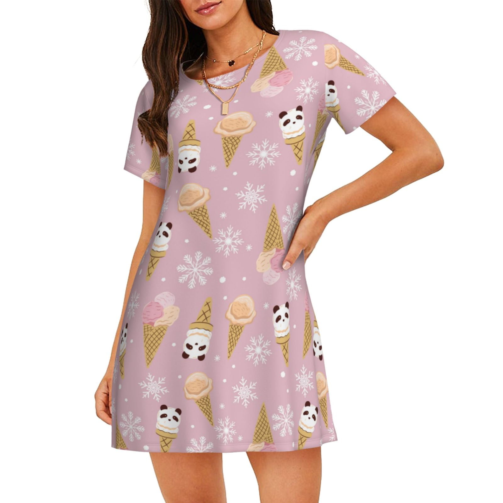 Cotton Nightgowns for Women - Cartoon Cute Panda Cone Pink Sleep Shirts ...