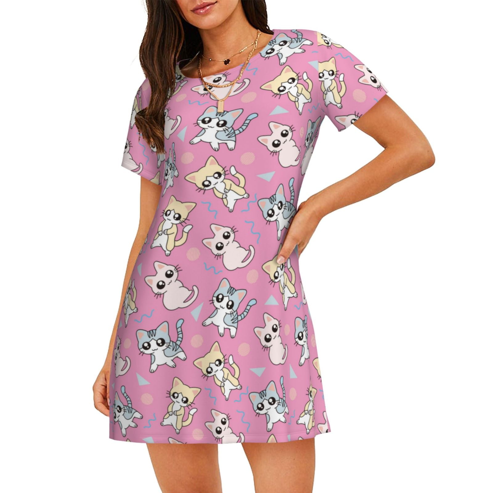Cotton Nightgowns for Women - Cute Cartoon Colorful Cat Rose Red Sleep ...