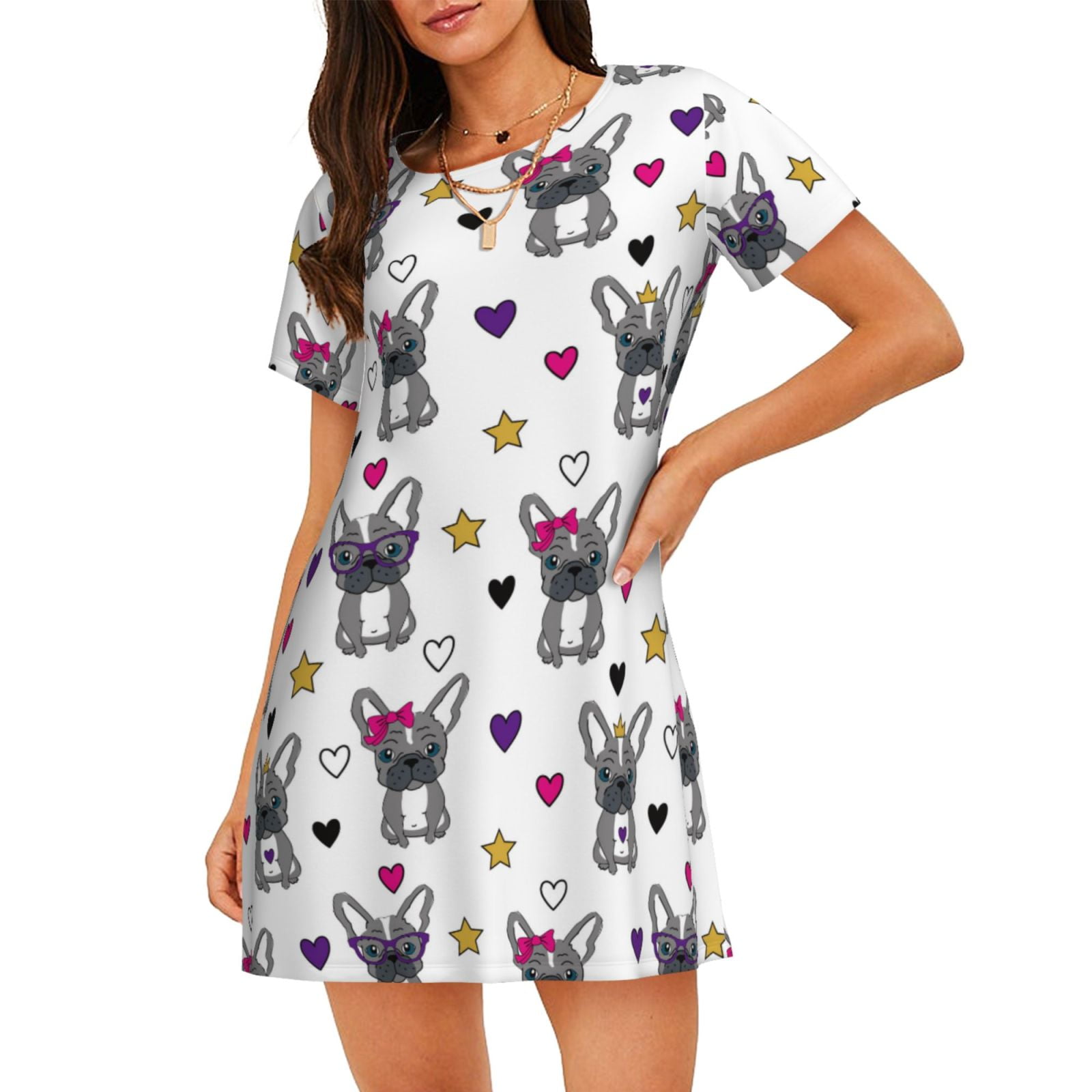Cotton Nightgowns for Women - Cute French Bulldog Love Stars Sleep ...