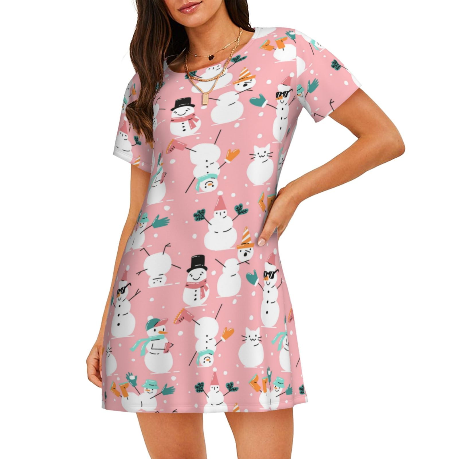 Cotton Nightgowns for Women - Cute Pink Snowman Cat Sleep Shirts for ...