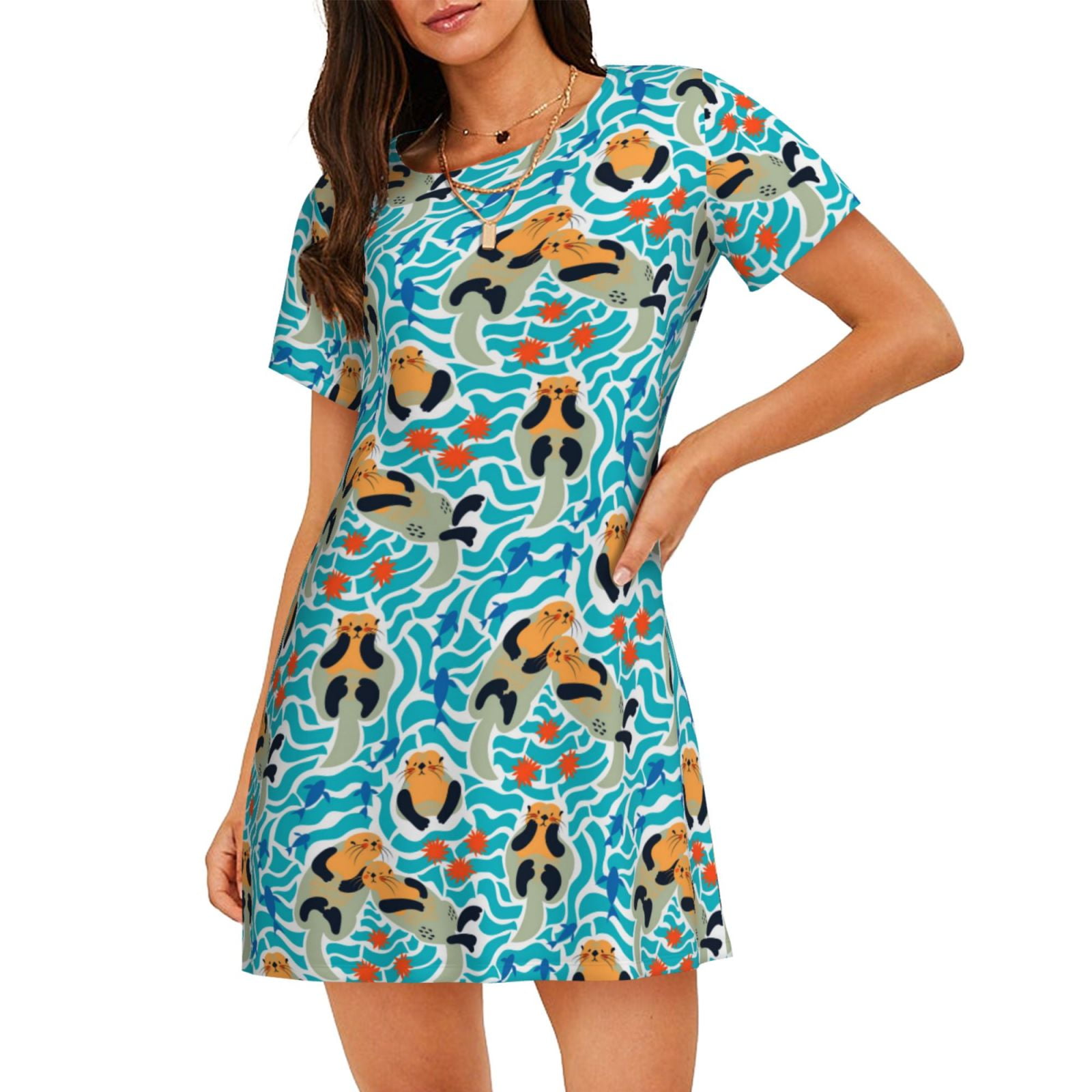 Cotton Nightgowns for Women - Lovely Sea Otters Sleep Shirts for Women ...