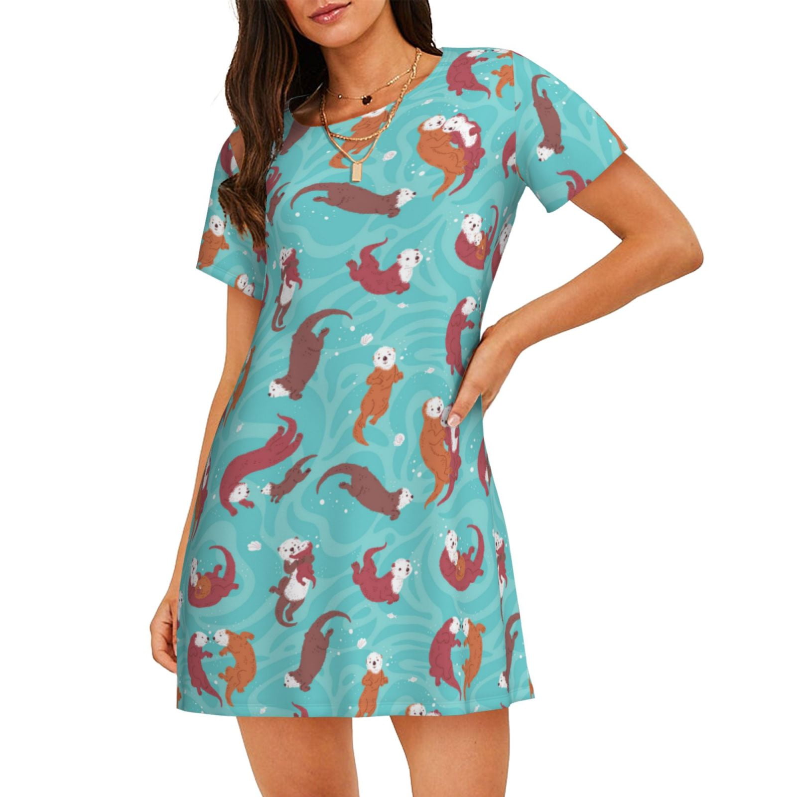 Cotton Nightgowns for Women - Sea Otters Family In Blue Water Sleep ...