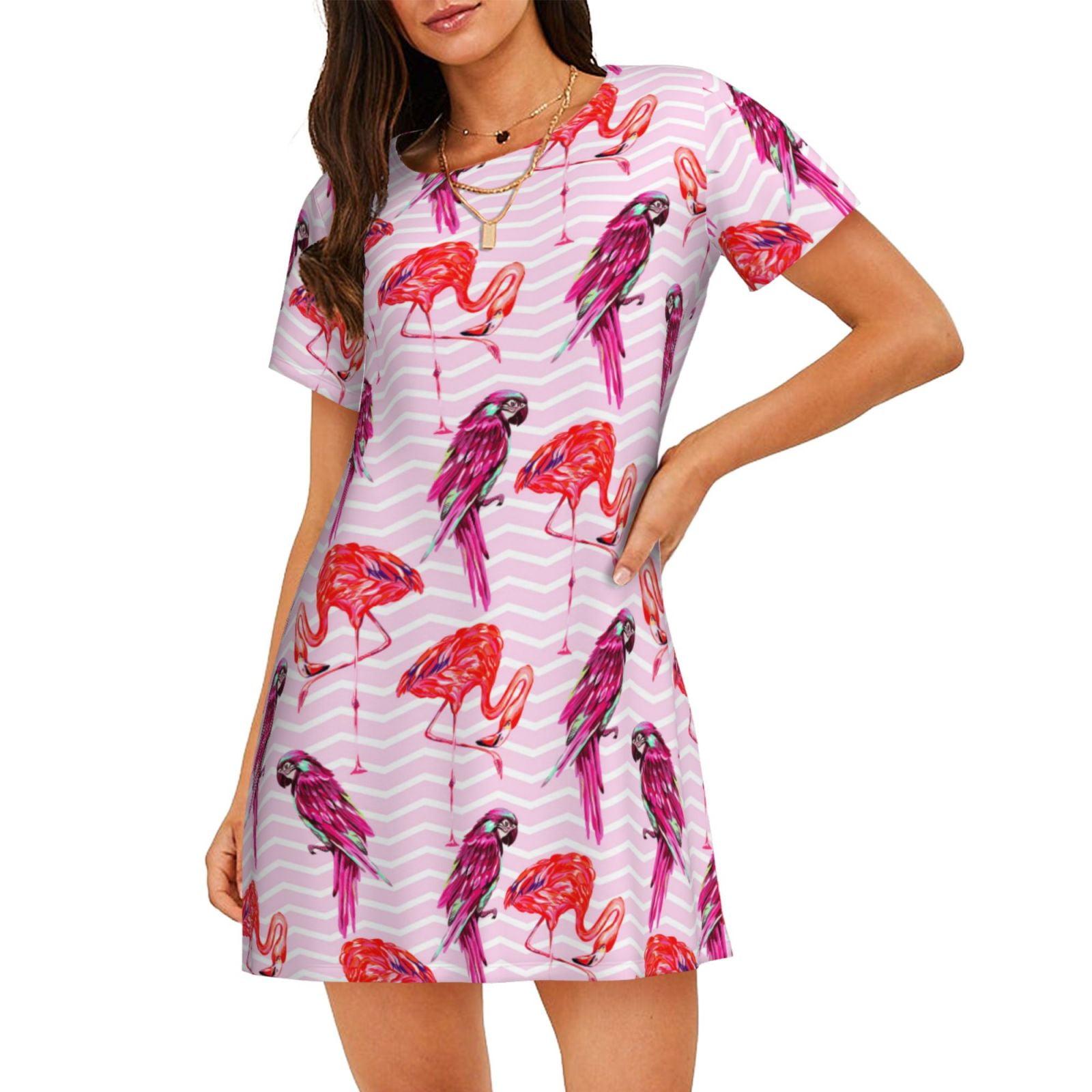 Cotton Nightgowns for Women - Striped Parakeet Flamingo Pink Sleep ...