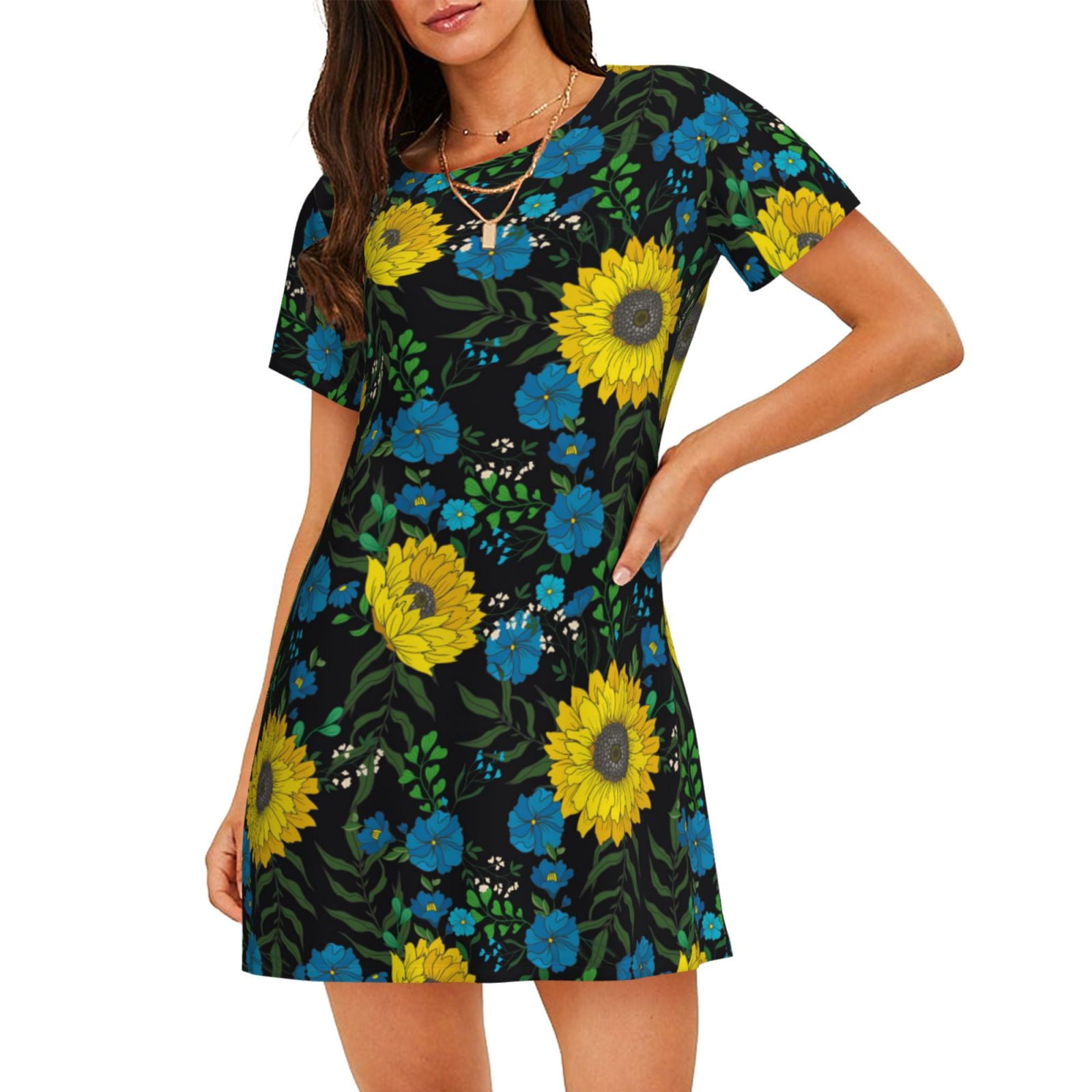 Cotton Nightgowns for Women - Sunflowers And Blue Flower Sleep Shirts ...