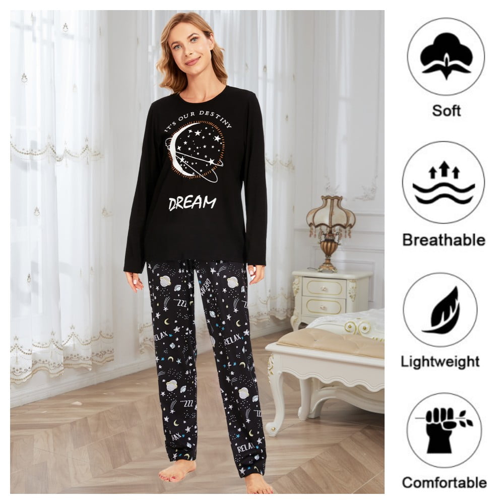 Cotton Pajamas Sets for Women 2pcs Long Sleeve and Long Pants Pajama Set Cute Print Pajama Set ...