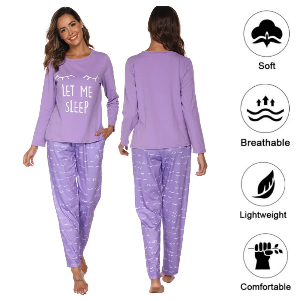 Cotton Pajamas Sets for Women 2pcs Long Sleeve and Long Pants Pajama Set Cute Print Pajama Set ...
