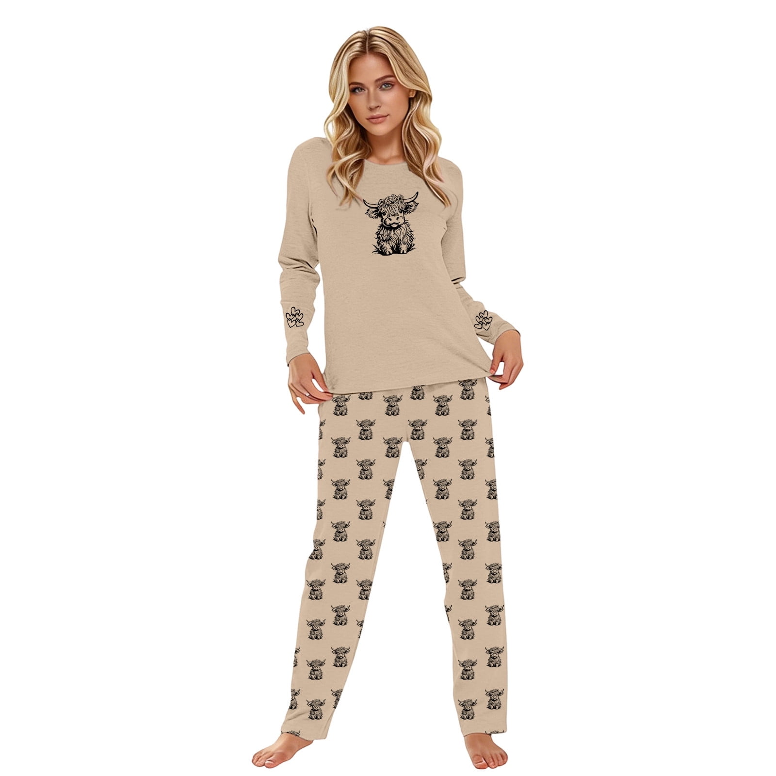 Cotton Pajamas for Women Set Highland Cattle Printed Long Sleeve Tops ...