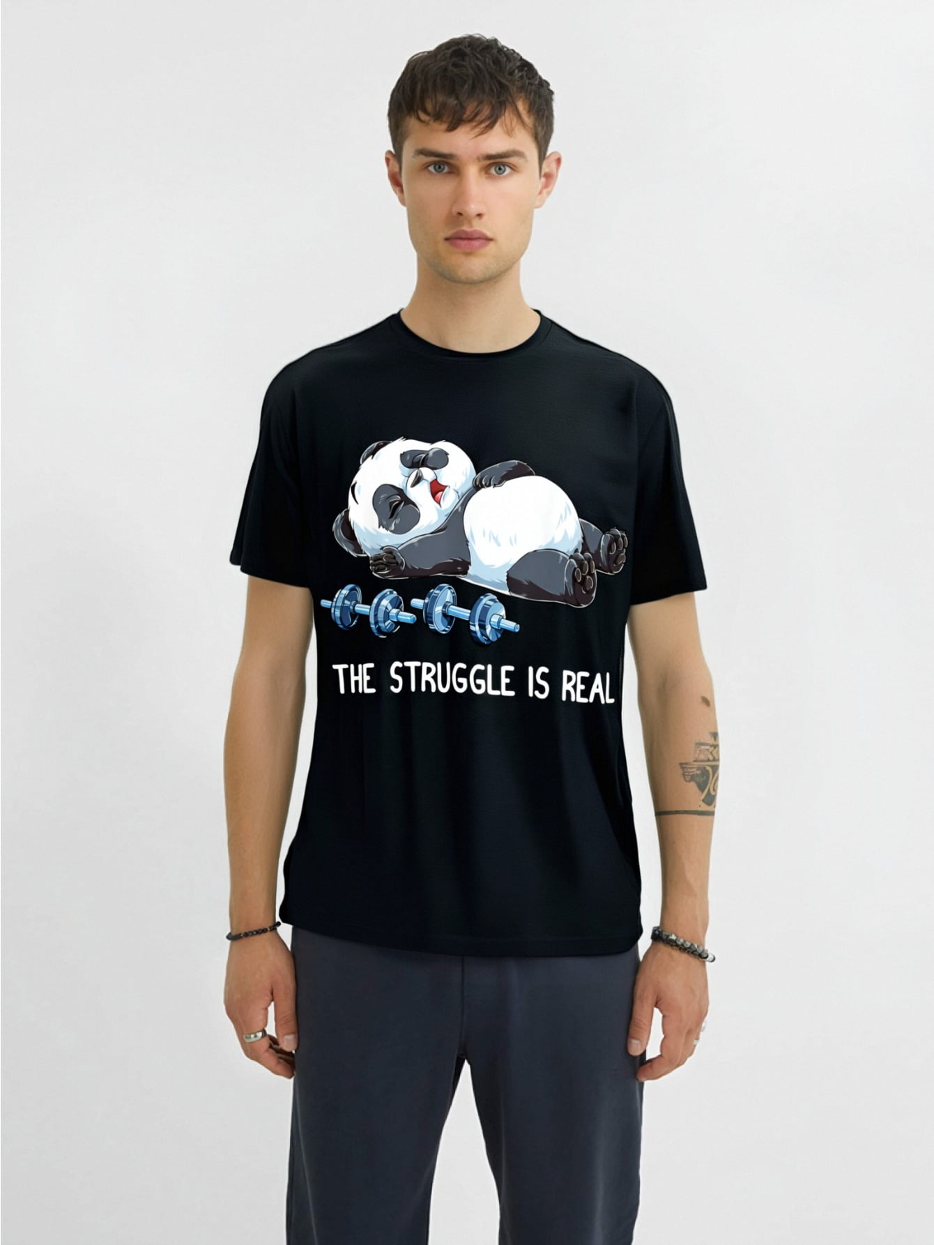 [Cotton Panda Graphic Tee] 100% Cotton Panda Weightlifting Graphic T ...