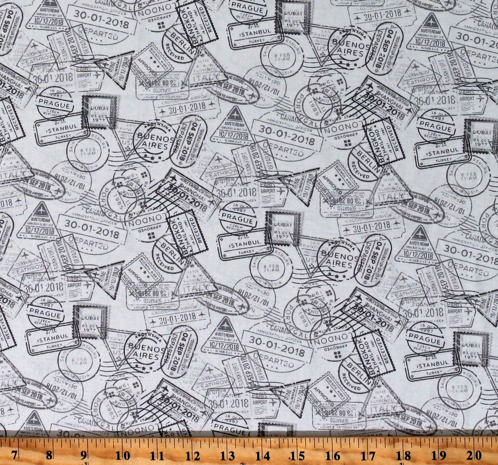 Cotton Passport Stamps Travel Vacation Low Key Mist Gray Cotton Fabric ...