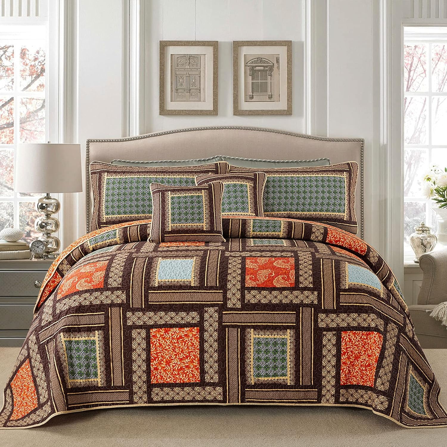 Cotton Patchwork Bedspread, 3-Piece Quilt Bedding Set with Real Stitched Embroidery, Reversible ...
