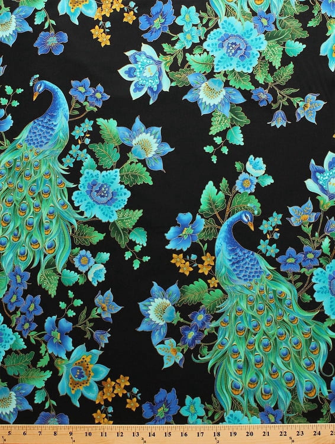 Cotton Peacock Feathers Flowers Metallic Plume Cotton Fabric Print by ...