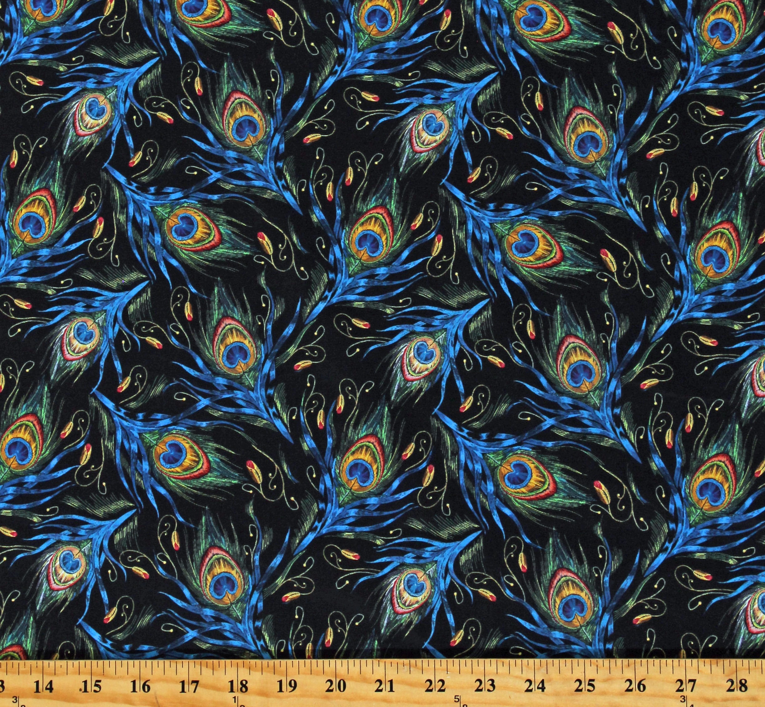 Cotton Peacocks Feathers Birds Plumes Blue Green Gold on Black Cotton ...