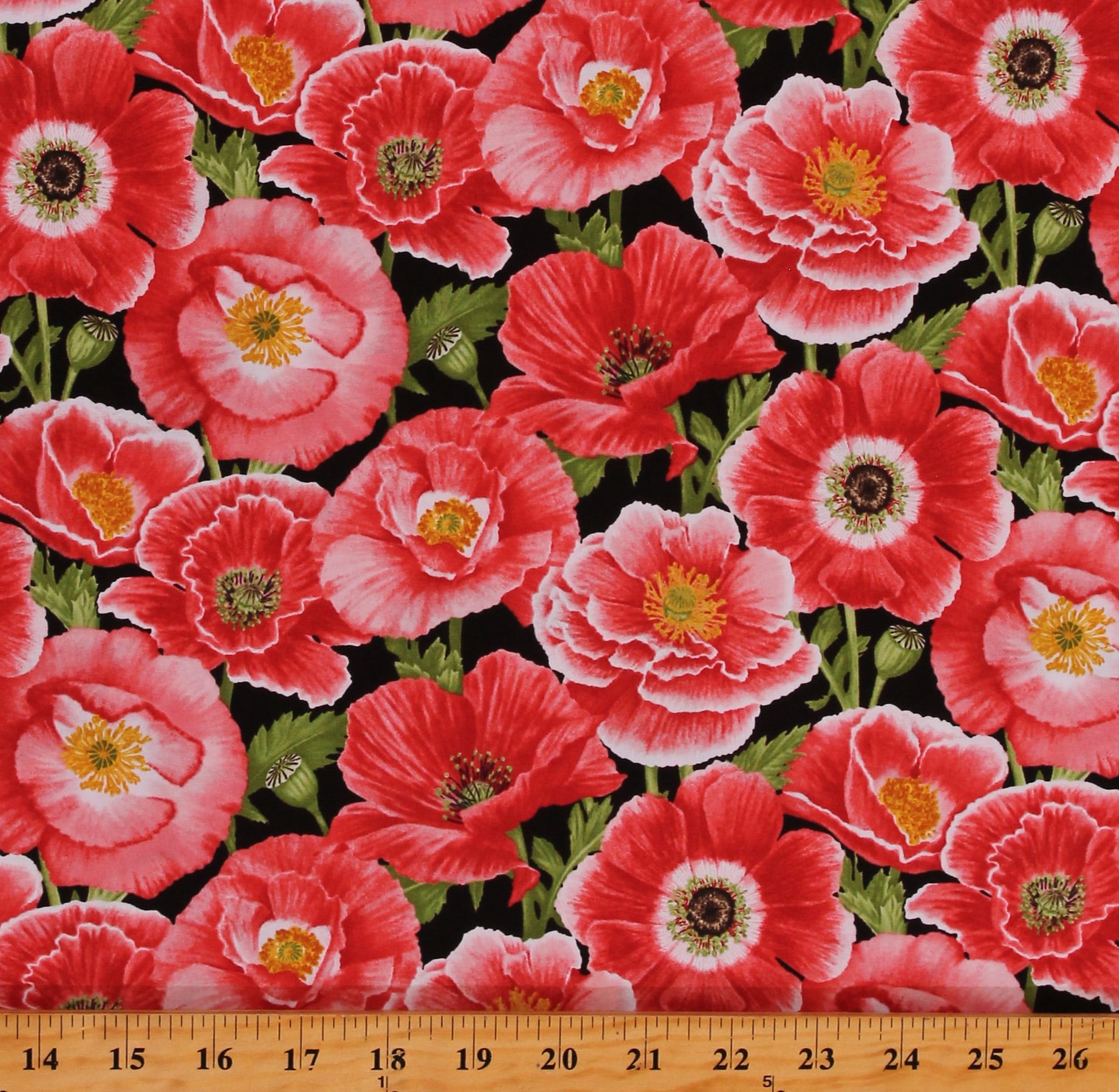 Cotton Poppies Pink Poppy Flowers Floral on Black Cotton Fabric Print ...