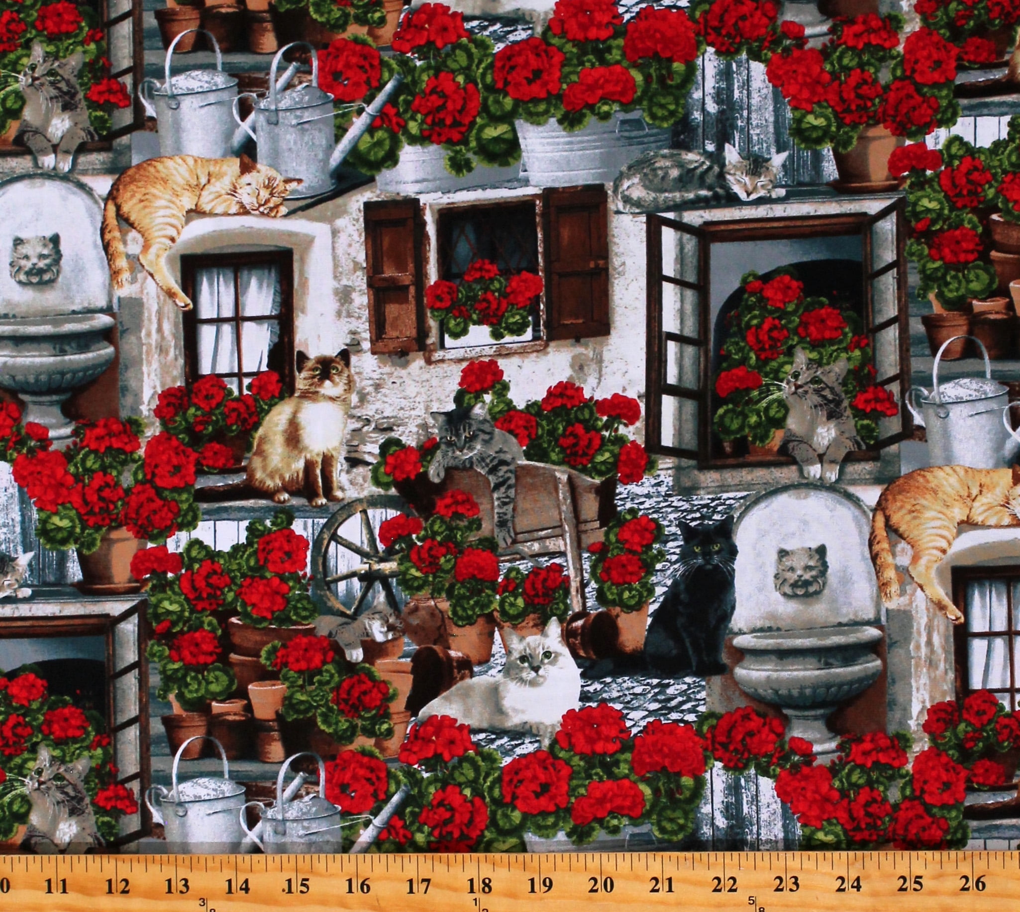 Cotton Porch Cats Kittens Flowers Garden Windows Animals Cotton Fabric ...