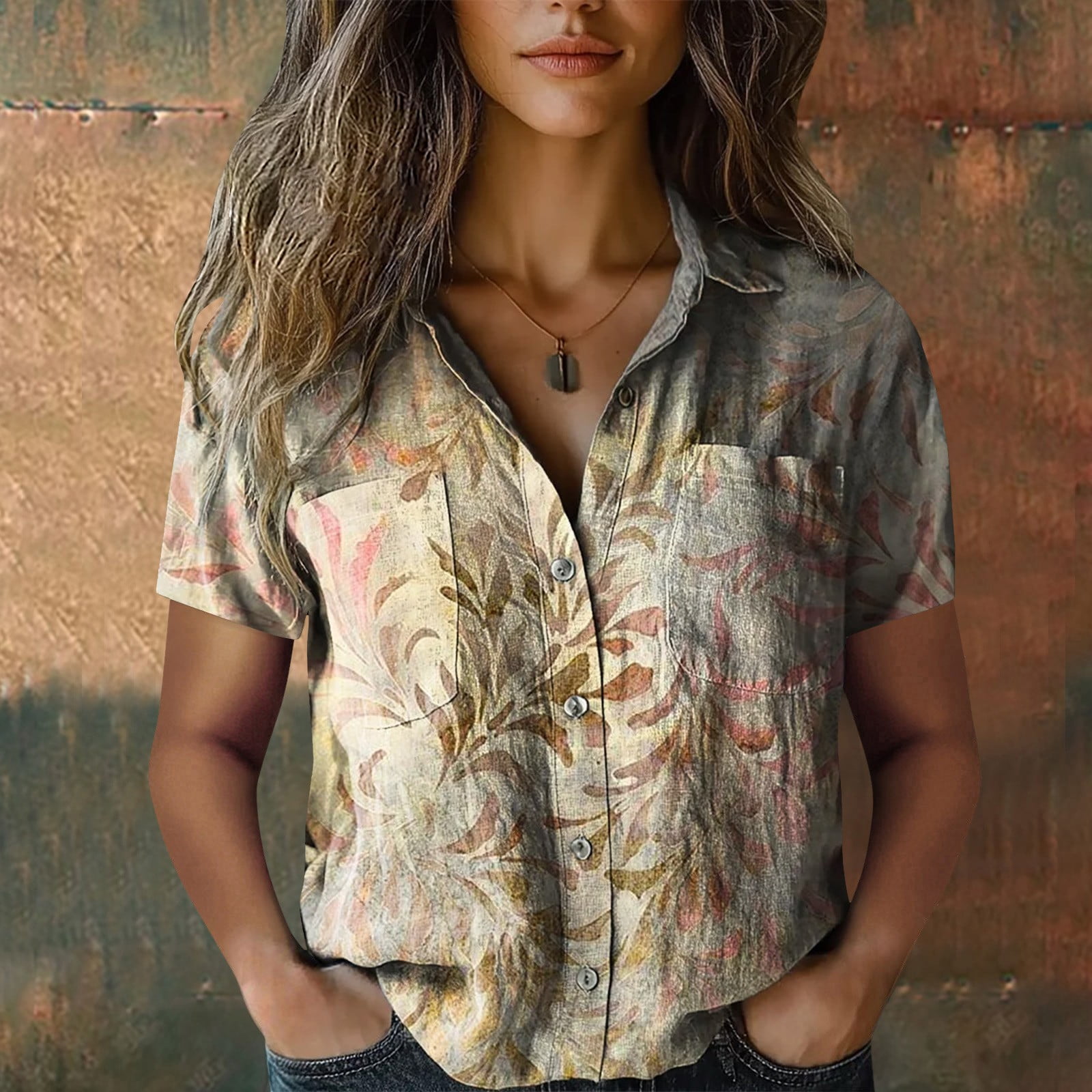 Cotton Printed Button Down Shirts, Short Sleeve, Fashion Casual Tops, Bubble Wrinkles, Beige S ...