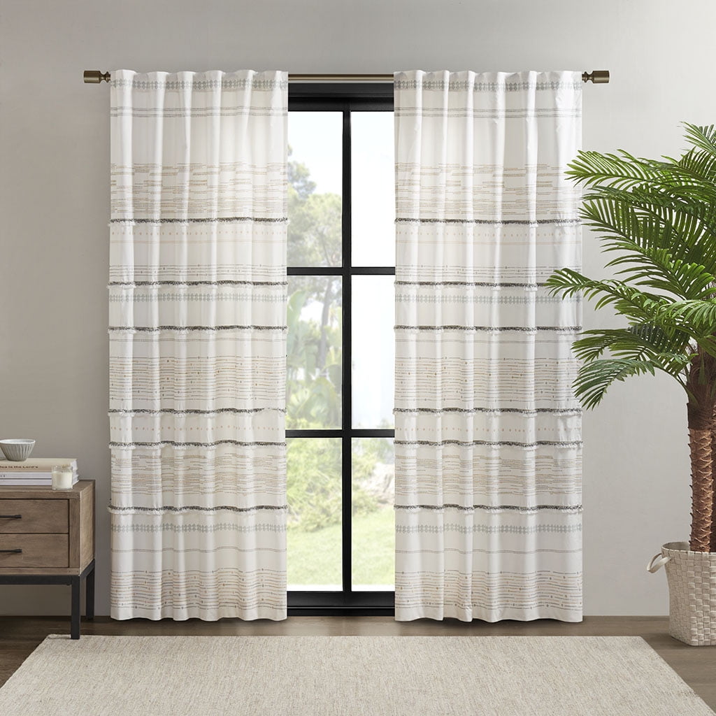 Cotton Printed Curtain Panel with Chenille Stripe and Lining Ivory ...
